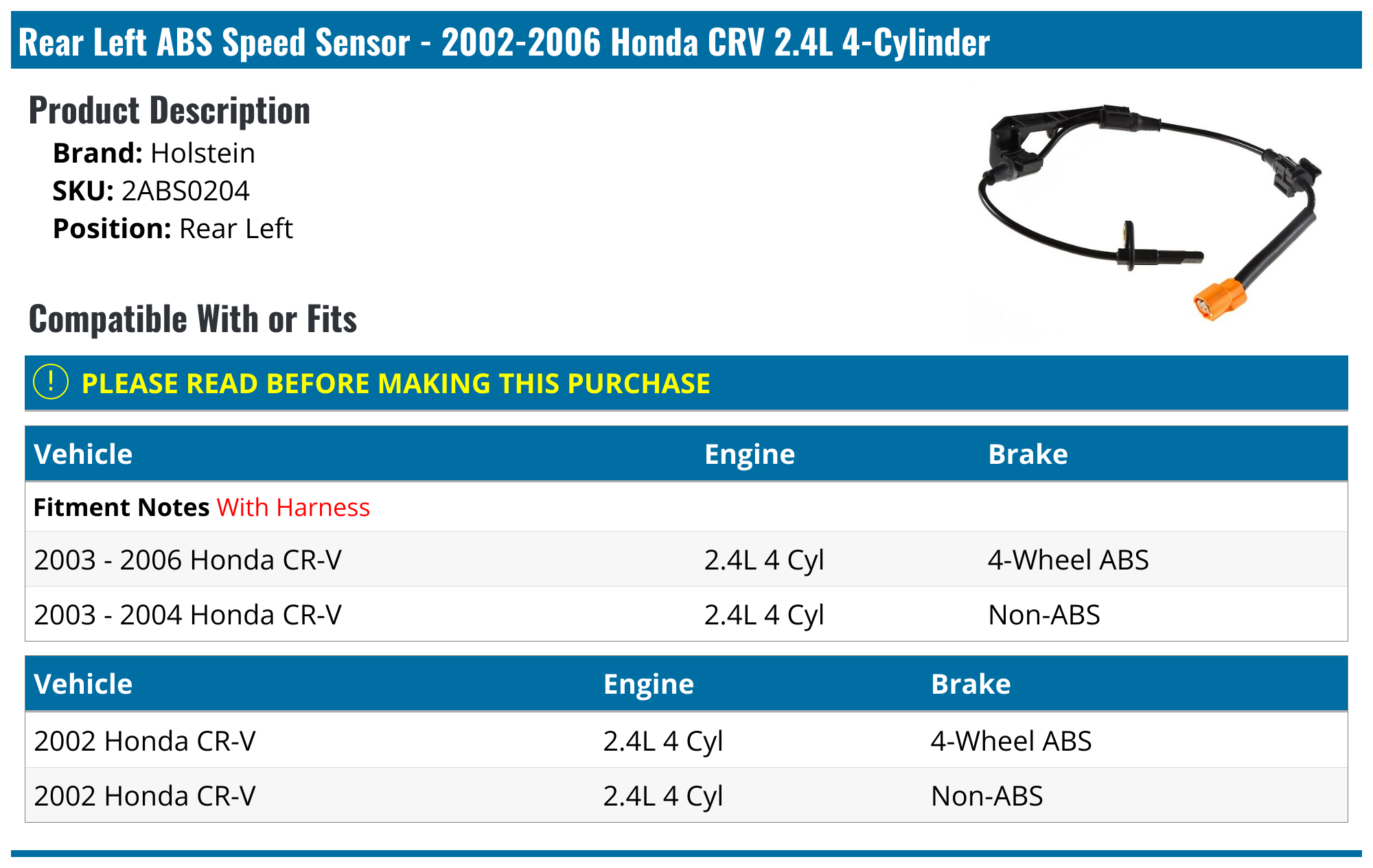 2002-2006 Honda CRV ABS Speed Sensor - Holstein 2ABS0204 - Rear Left ...