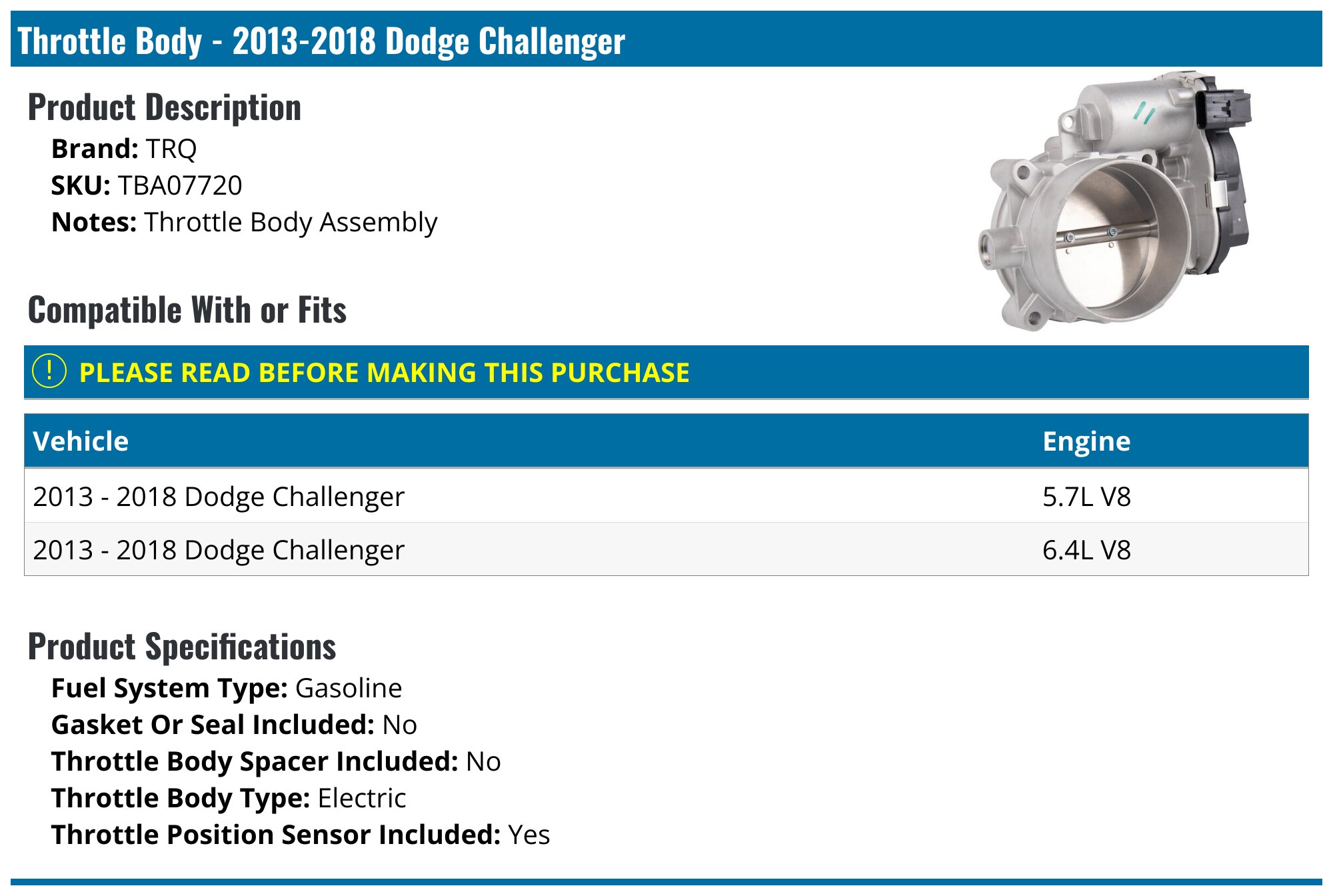 2013-2018 Dodge Challenger Throttle Body - TRQ TBA07720 - Front ...
