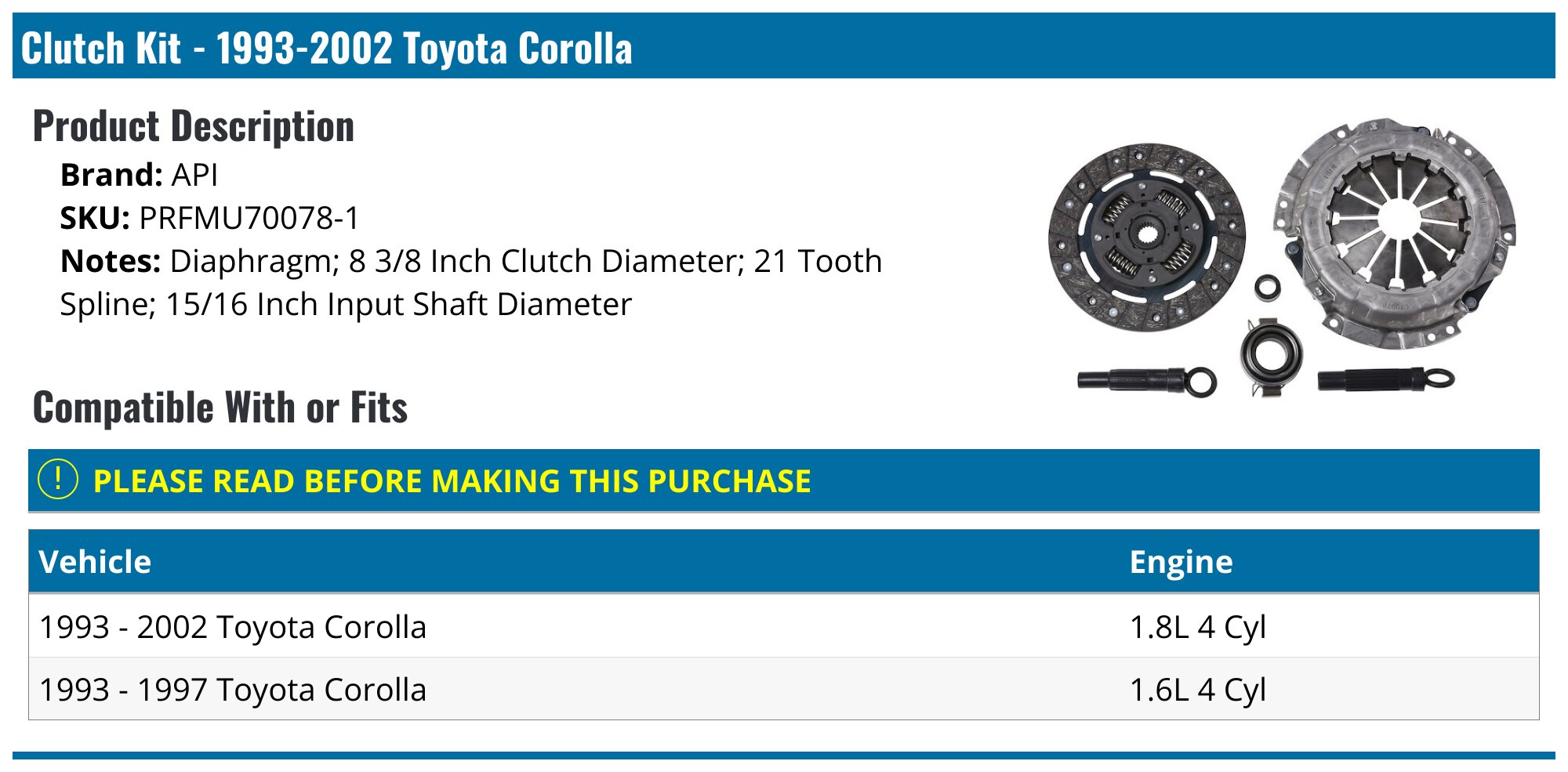 1993-2002 Toyota Corolla Clutch Kit - API 8007-07164769 - PartsGeek.com