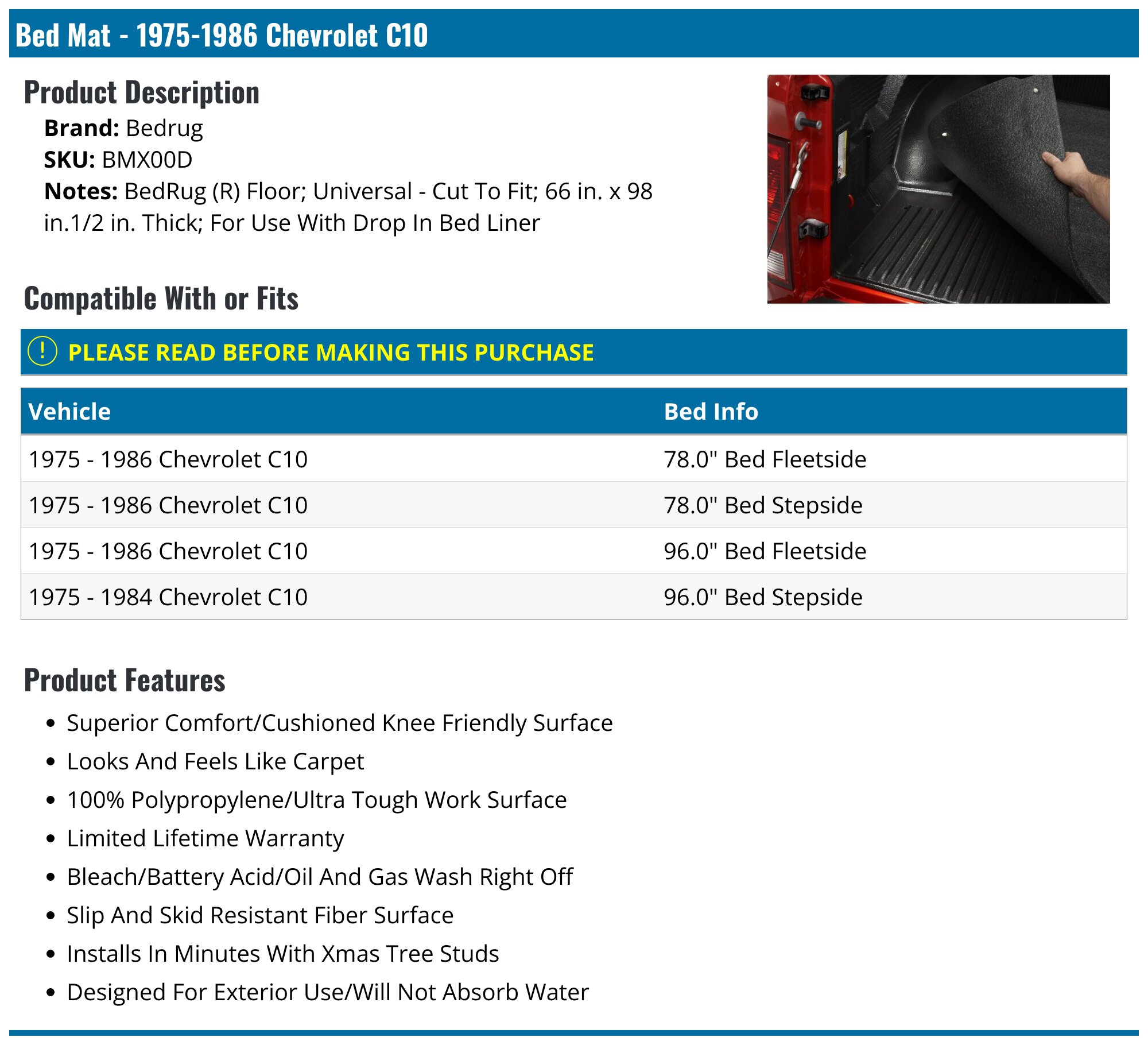 1975-1986 Chevrolet C10 Bed Mat - Bedrug BMX00D - PartsGeek.com