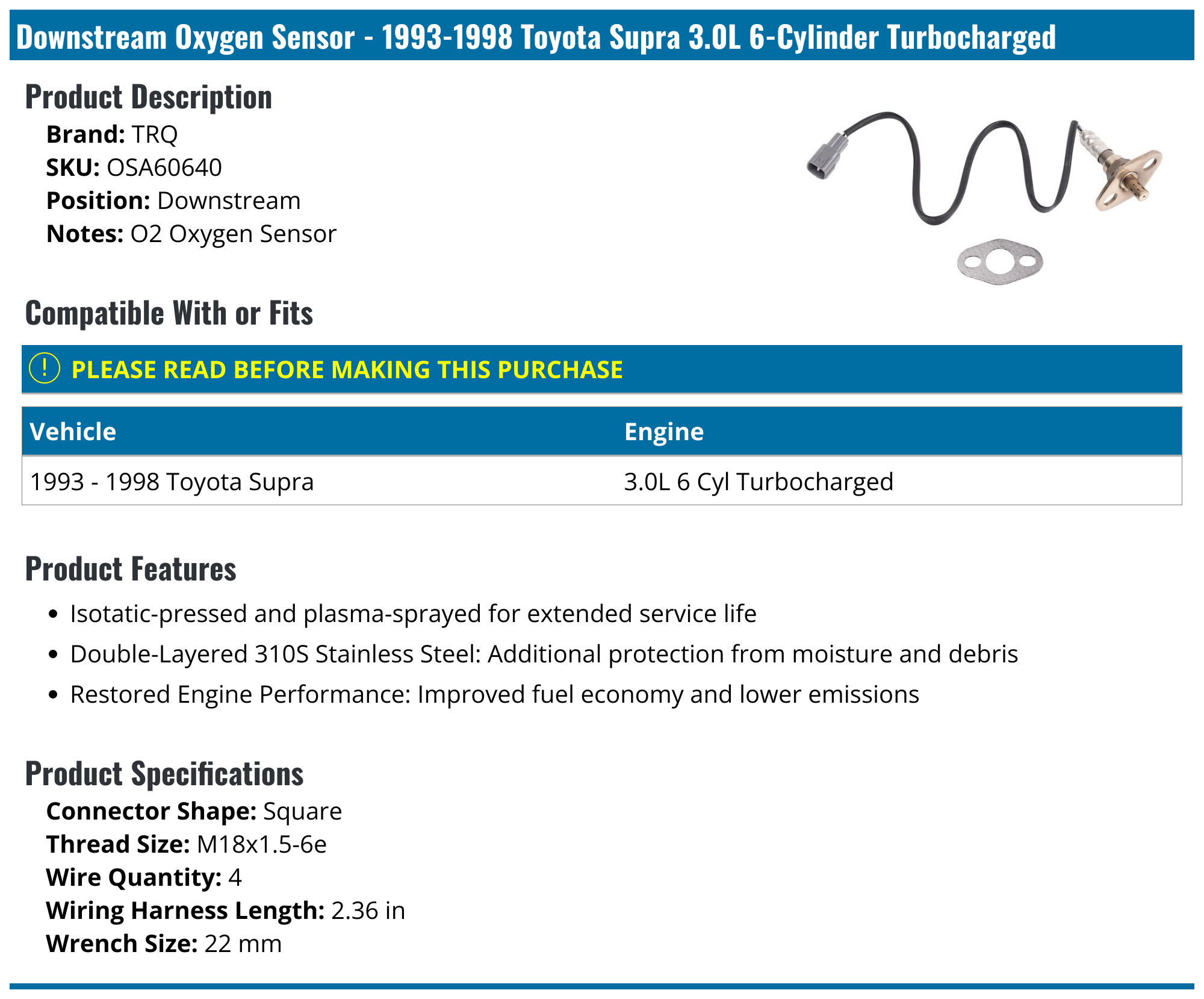 1993-1998 Toyota Supra Oxygen Sensor - TRQ OSA60640 - Downstream ...