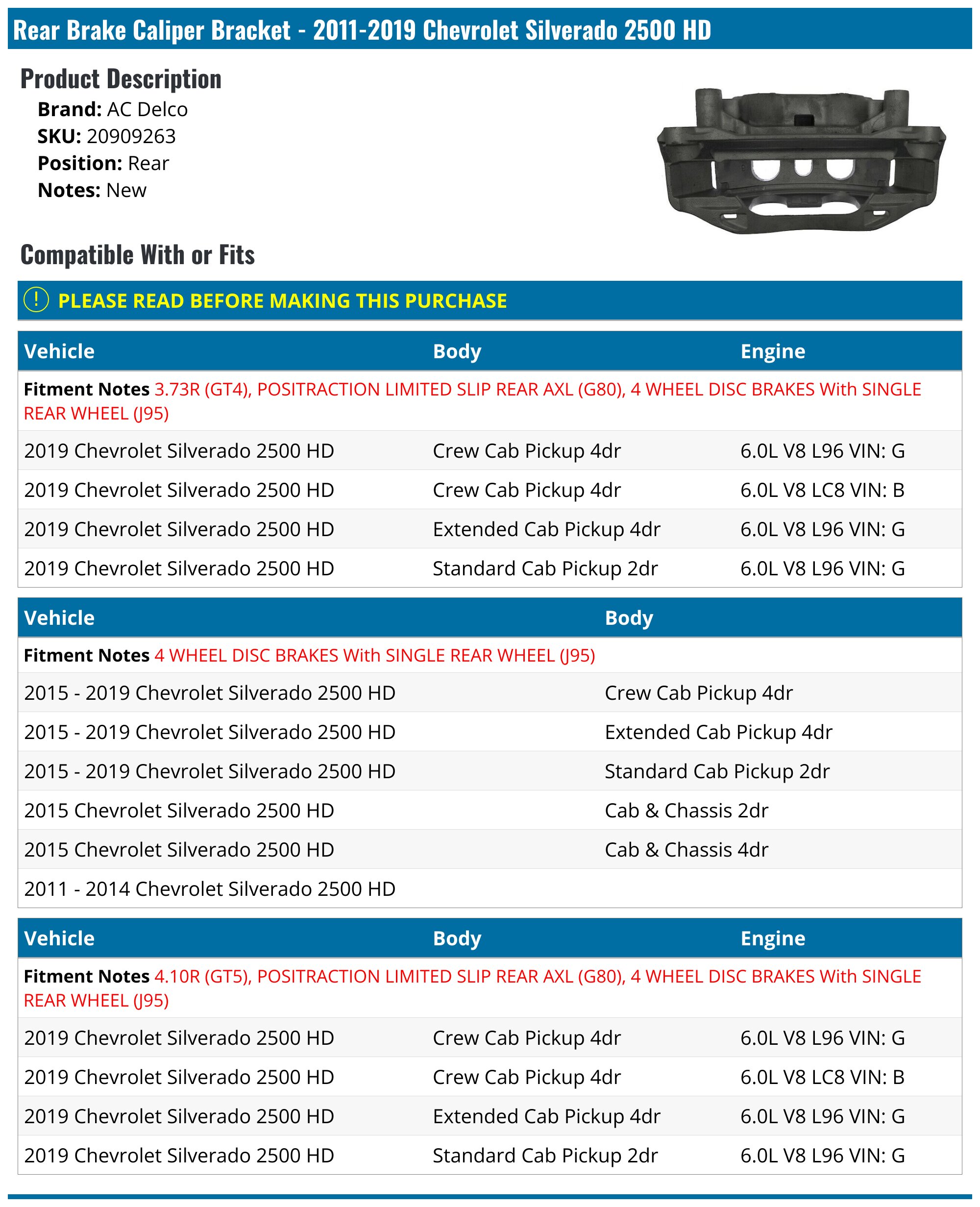 2011-2019 Chevrolet Silverado 2500 HD Brake Caliper Bracket - AC Delco ...