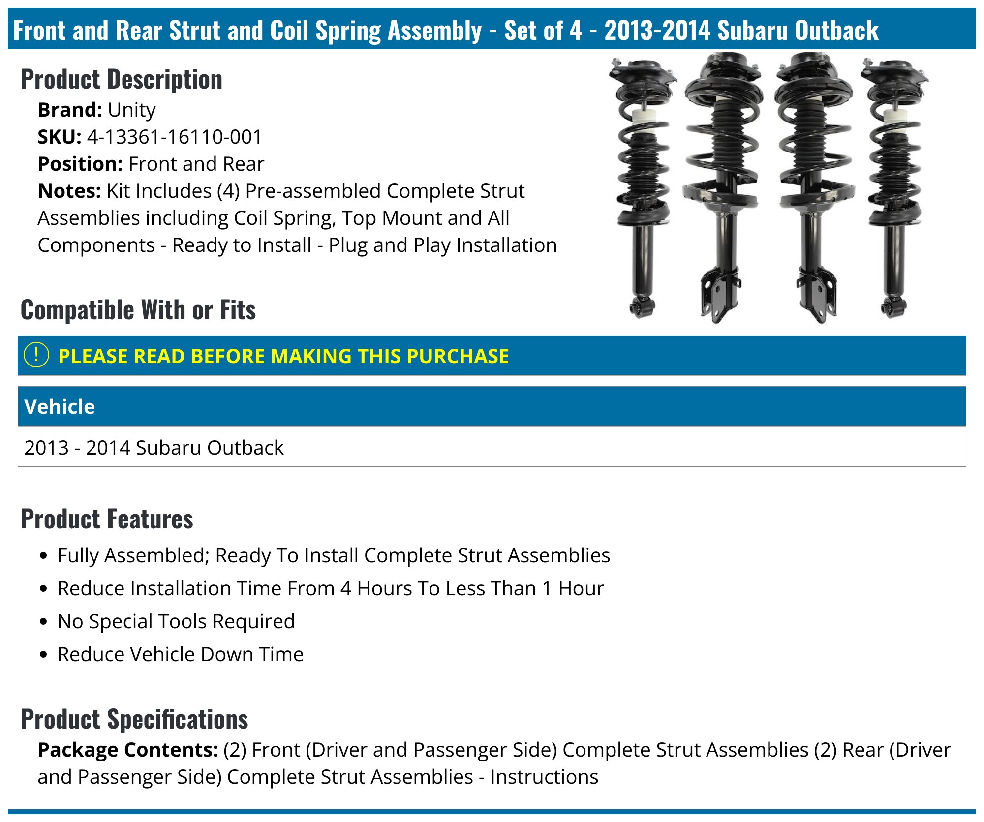 2013-2014 Subaru Outback Strut Assembly - Unity 4-13361-16110-001 ...