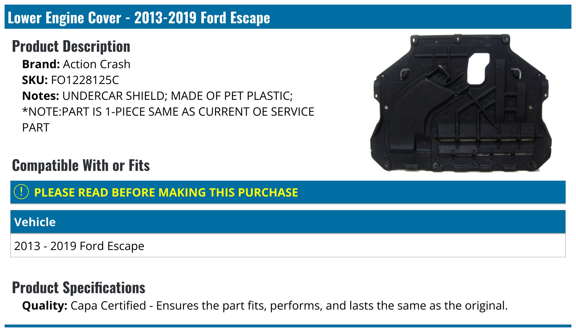 2013-2019 Ford Escape Lower Engine Cover - Action Crash FO1228125C ...