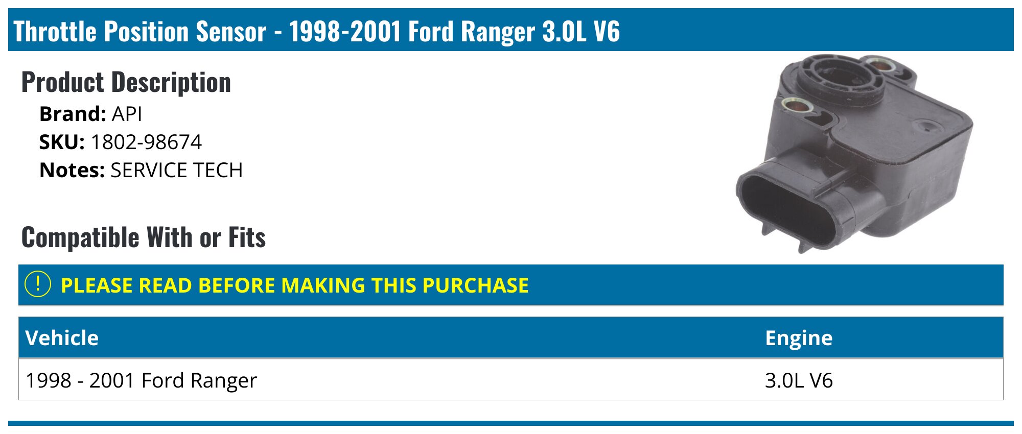 1998-2001 Ford Ranger Throttle Position Sensor - API 5529-07757590 ...