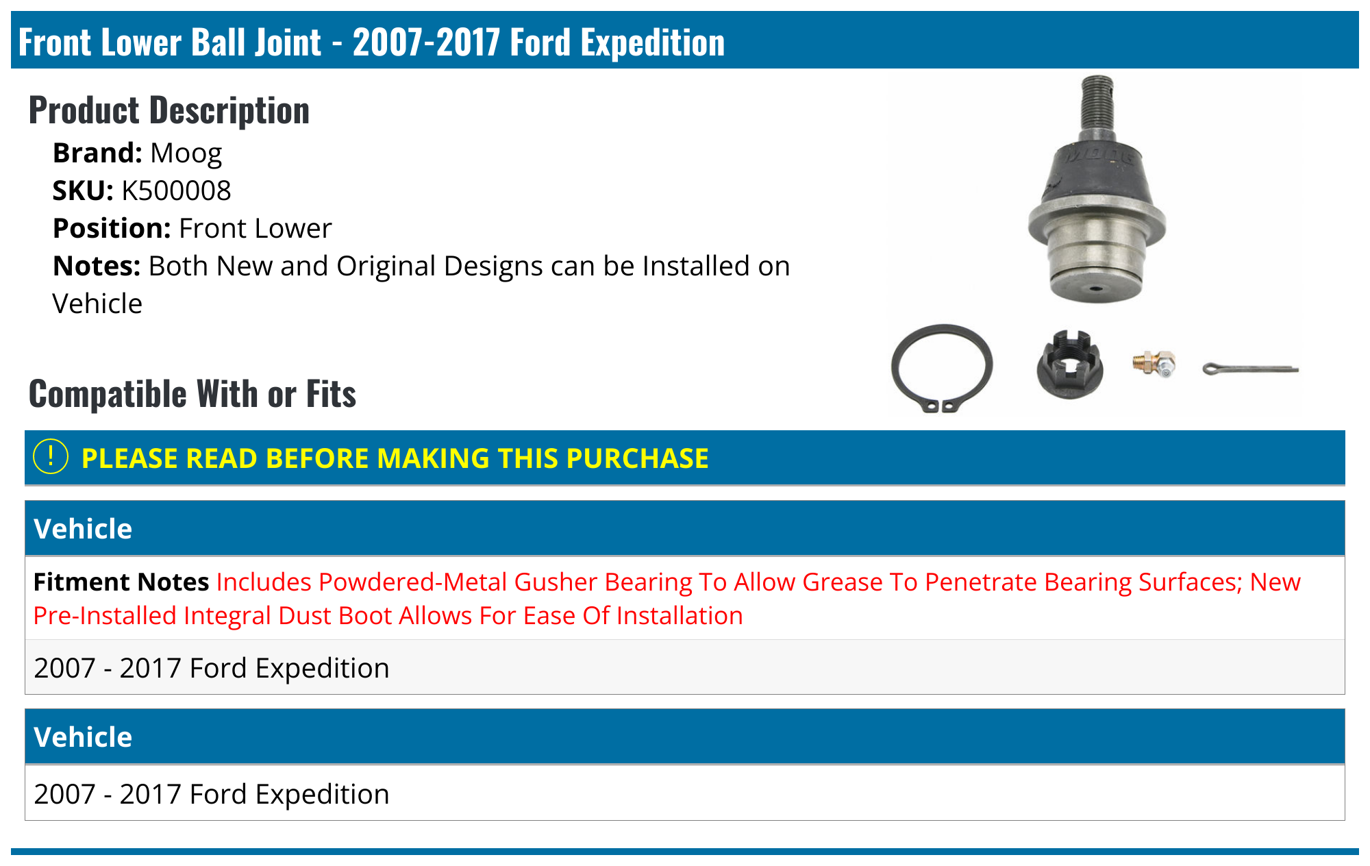 2007-2017 Ford Expedition Ball Joint - Moog K500008 - Front Lower ...