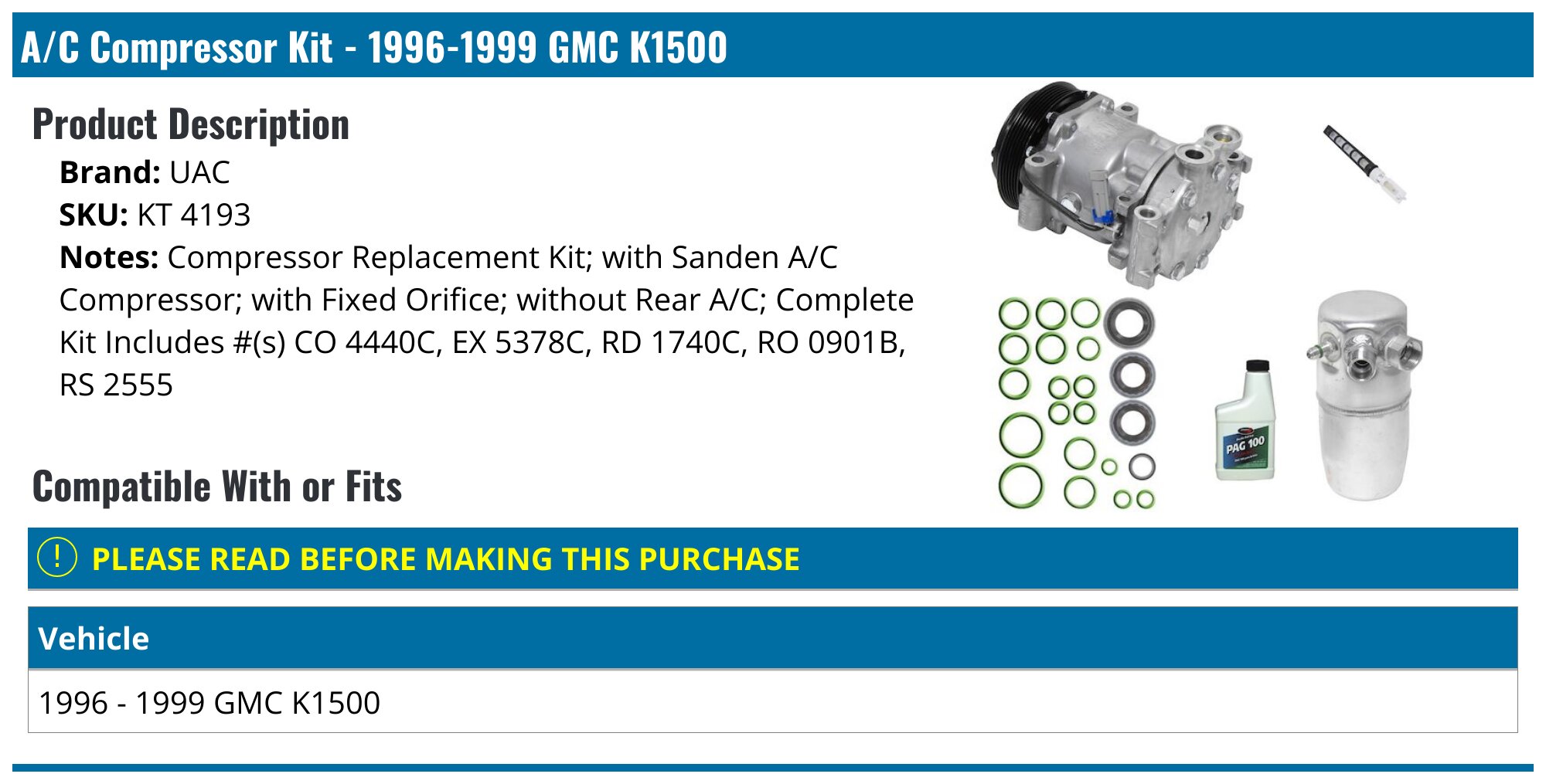 1996-1999 GMC K1500 A/C Compressor - UAC KT 4193 - PartsGeek.com