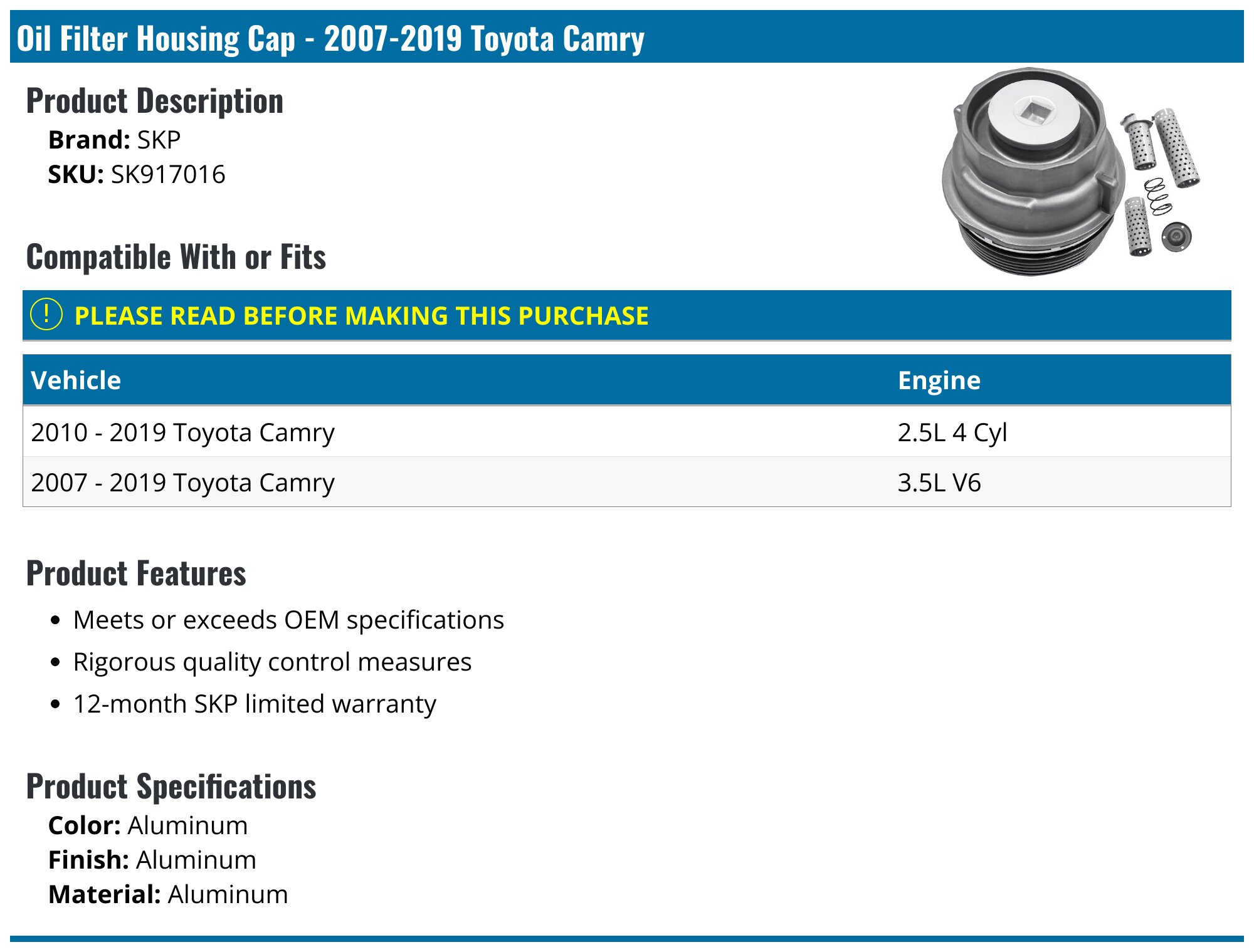 2007-2019 Toyota Camry Oil Filter Housing Cap - SKP SK917016 ...