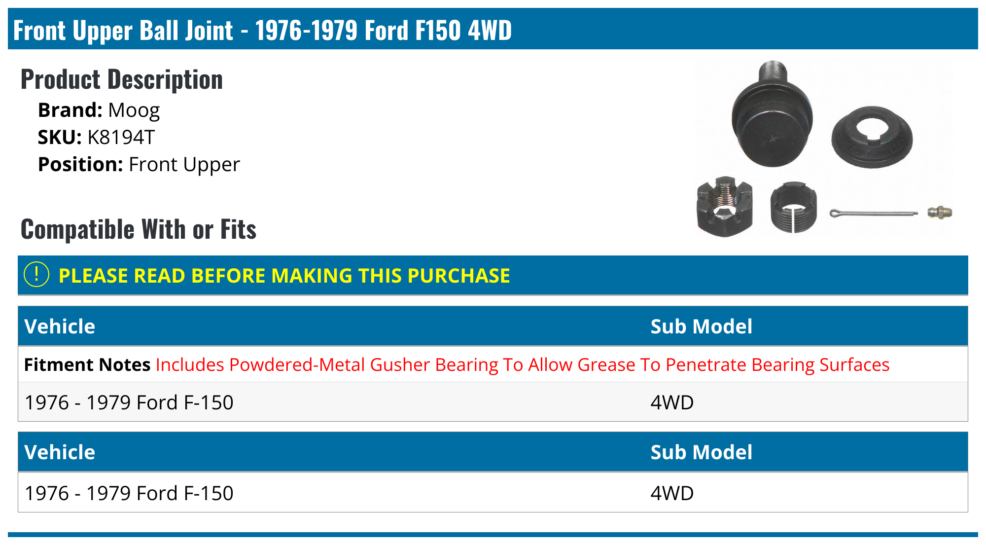 1976-1979 Ford F150 Ball Joint - Moog K8194T - Front Upper - PartsGeek.com