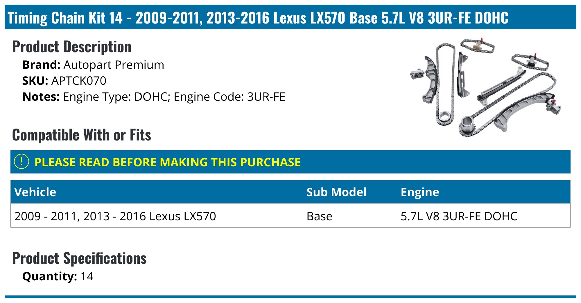 2009-2011, 2013-2016 Lexus LX570 Timing Chain - Autopart Premium ...