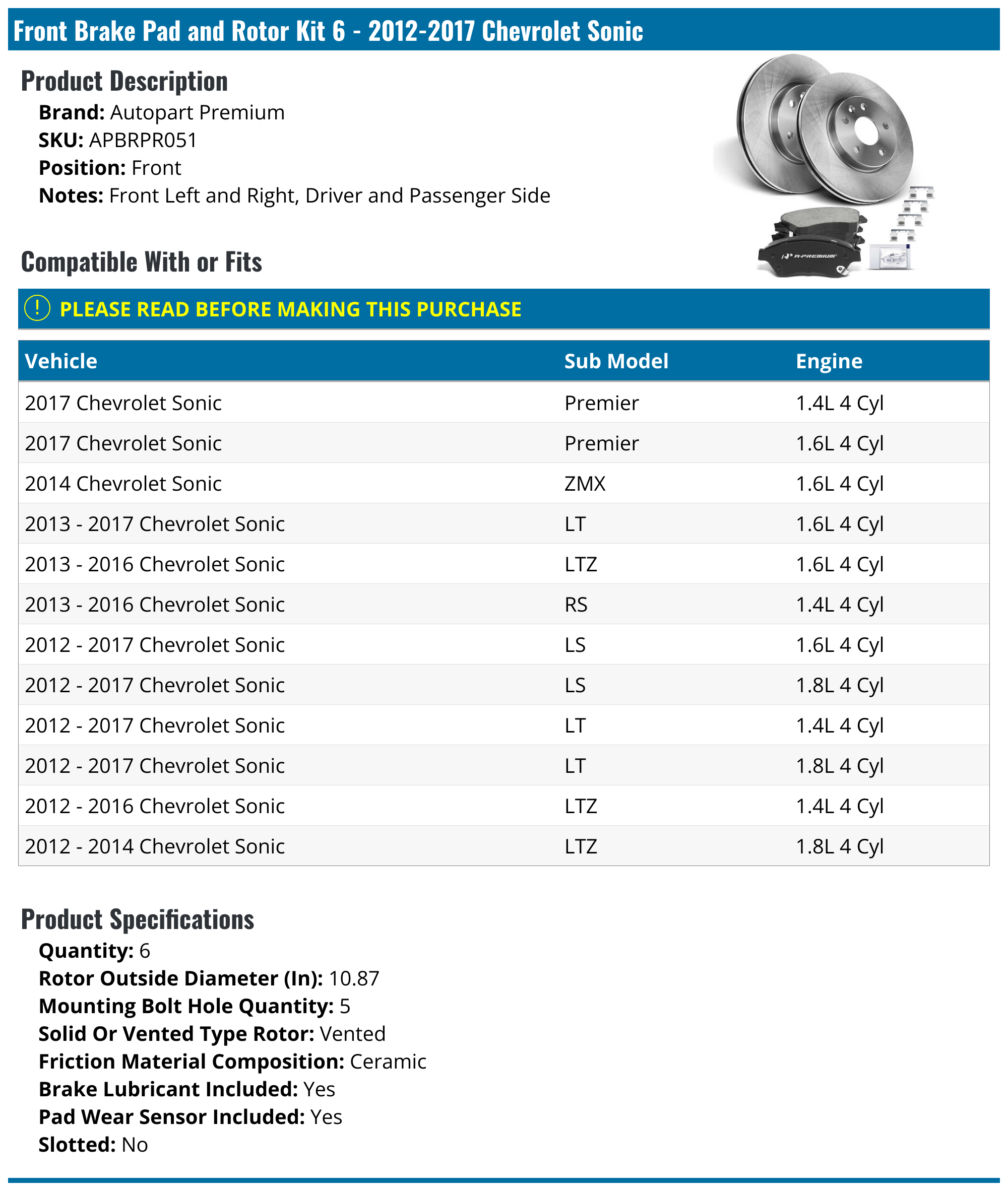 2012-2017 Chevrolet Sonic Brake Rotor - Autopart Premium APBRPR051 ...
