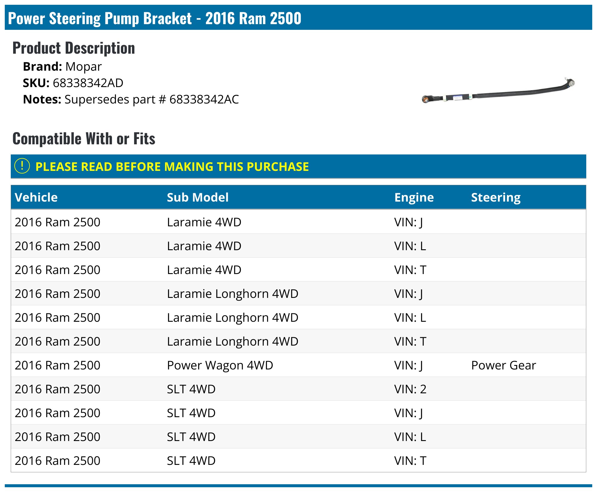 2016 Ram 2500 Power Steering Pump Bracket - Mopar 68338342AD ...