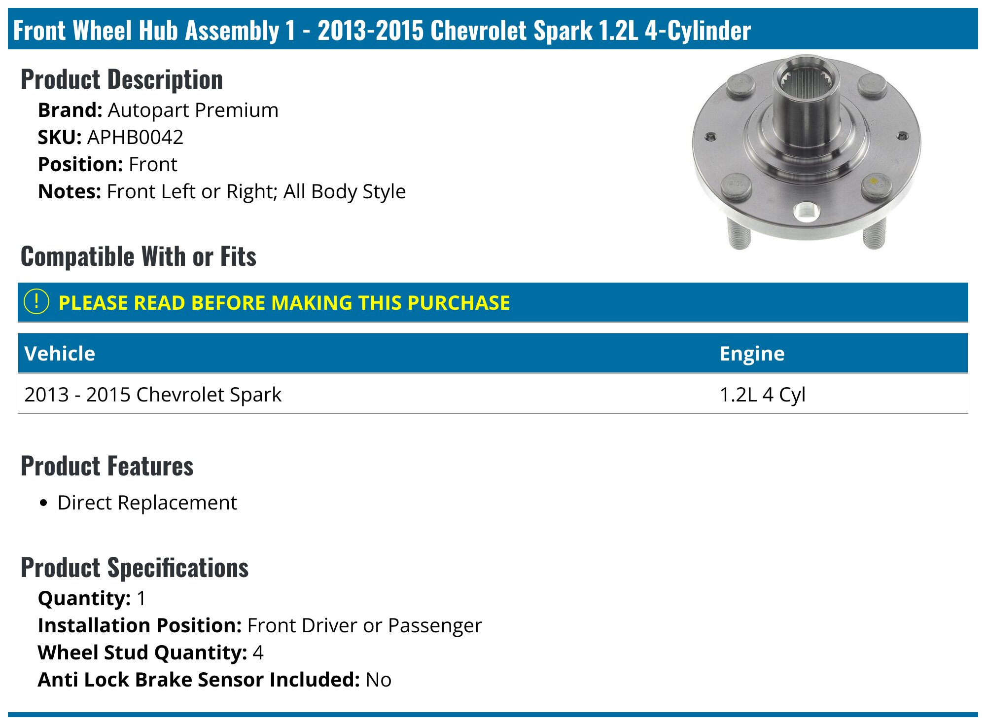 2013-2015 Chevrolet Spark Wheel Hub Assembly - Autopart Premium ...