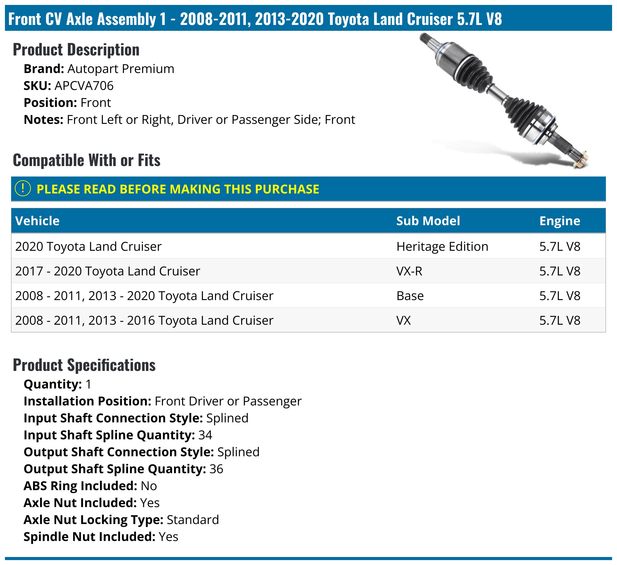 2008-2011, 2013-2020 Toyota Land Cruiser Axle Assembly - Autopart ...