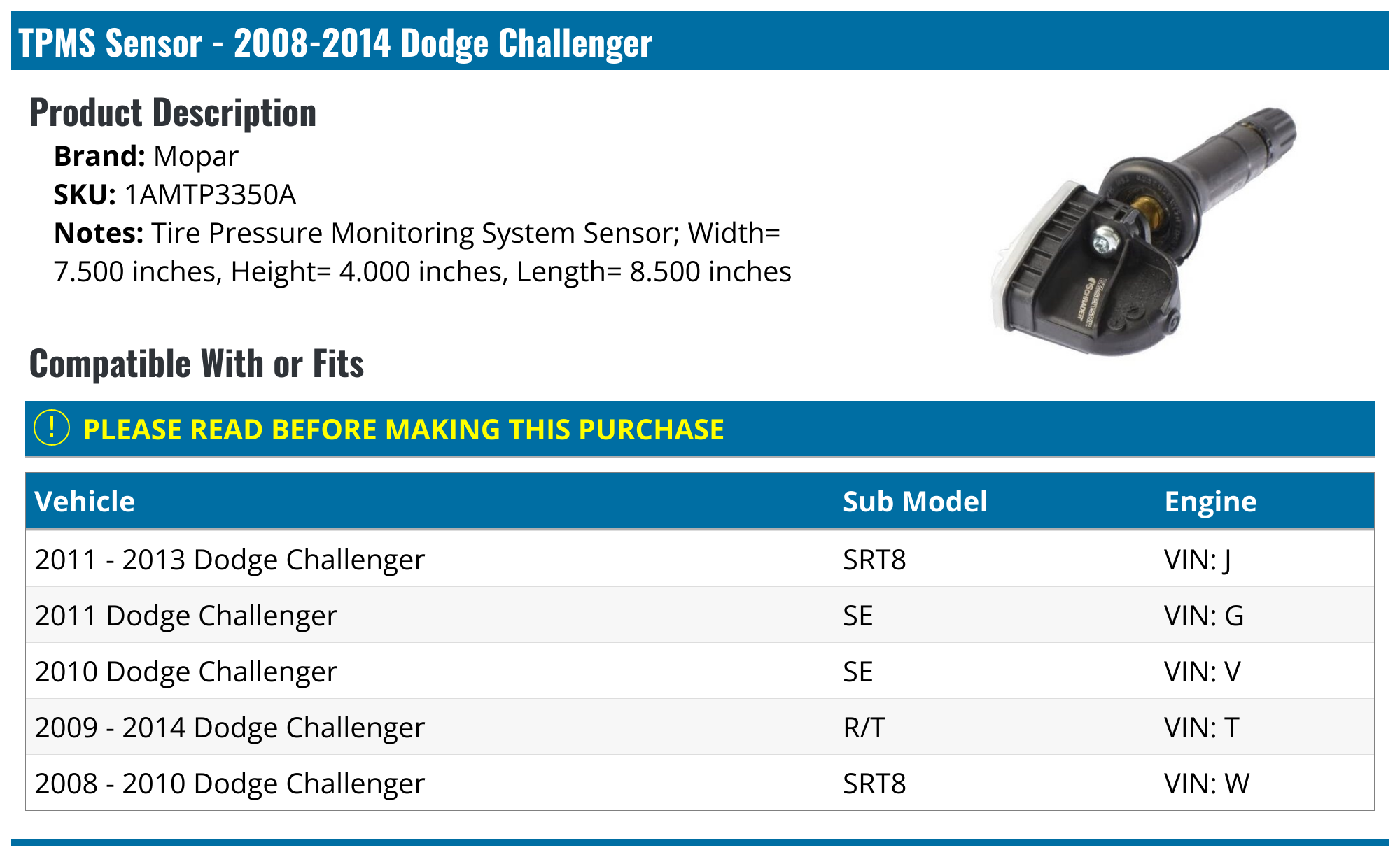 2008-2014 Dodge Challenger Tire Pressure Monitoring Sensor - Mopar ...
