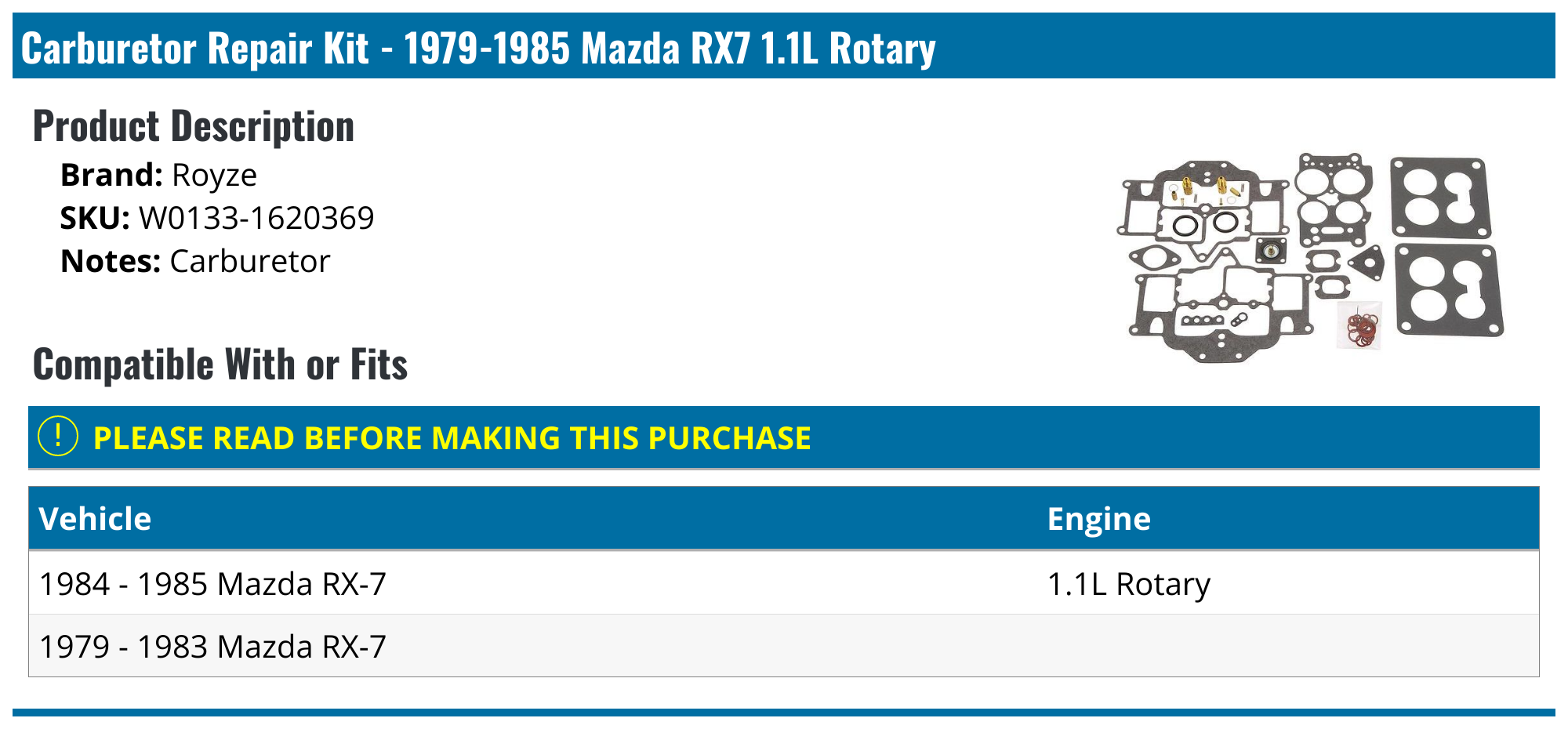 1979-1985 Mazda RX7 Carburetor Repair Kit - Royze W0133-1620369 ...