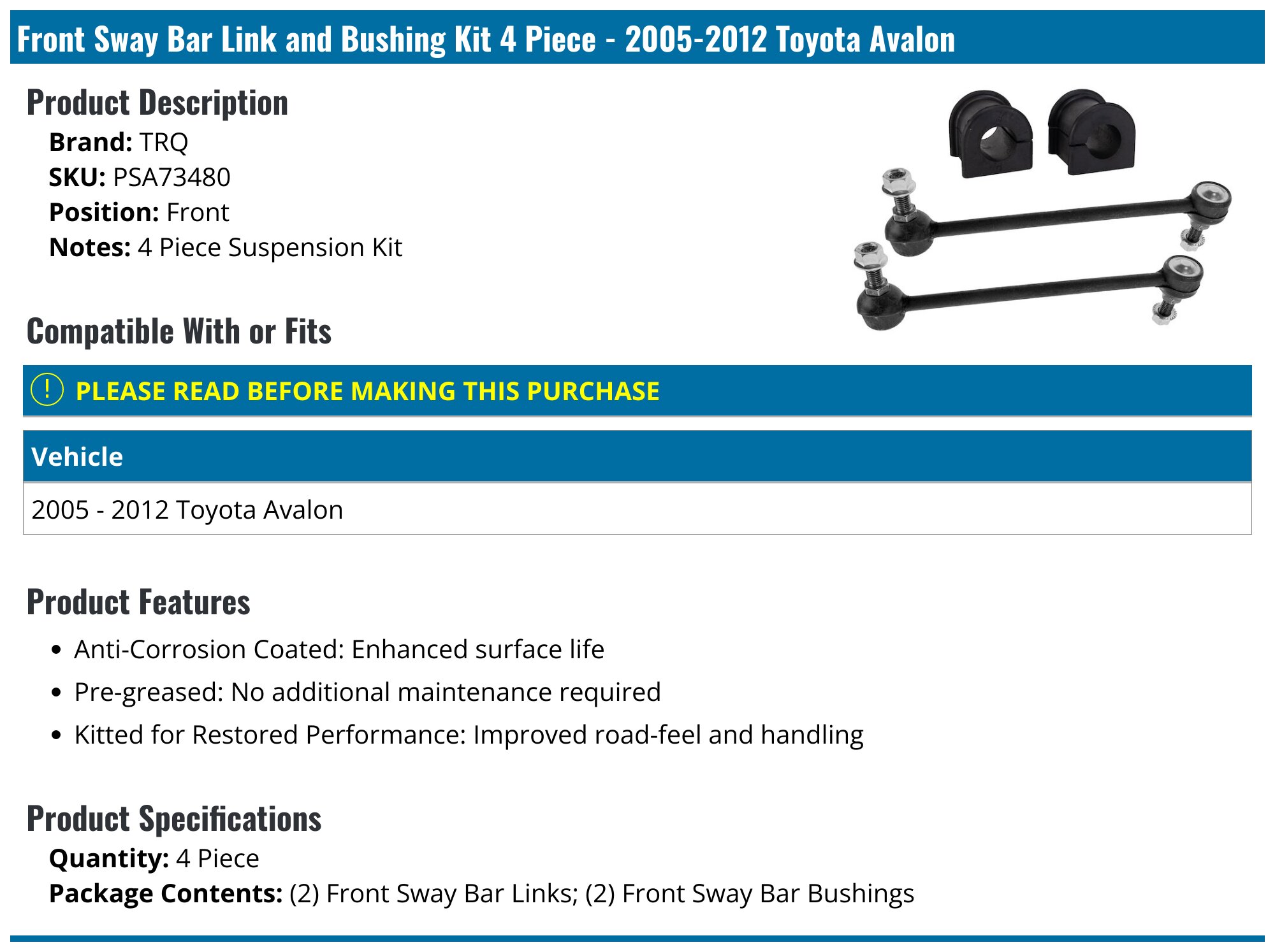 2005-2012 Toyota Avalon Sway Bar Link - TRQ PSA73480 - Front ...