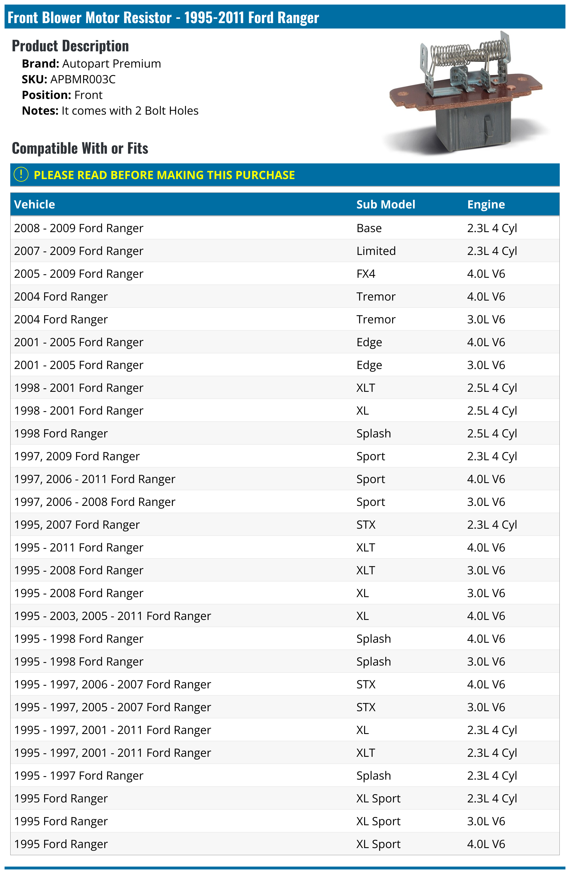 1995-2011 Ford Ranger Blower Motor Resistor - Autopart Premium ...