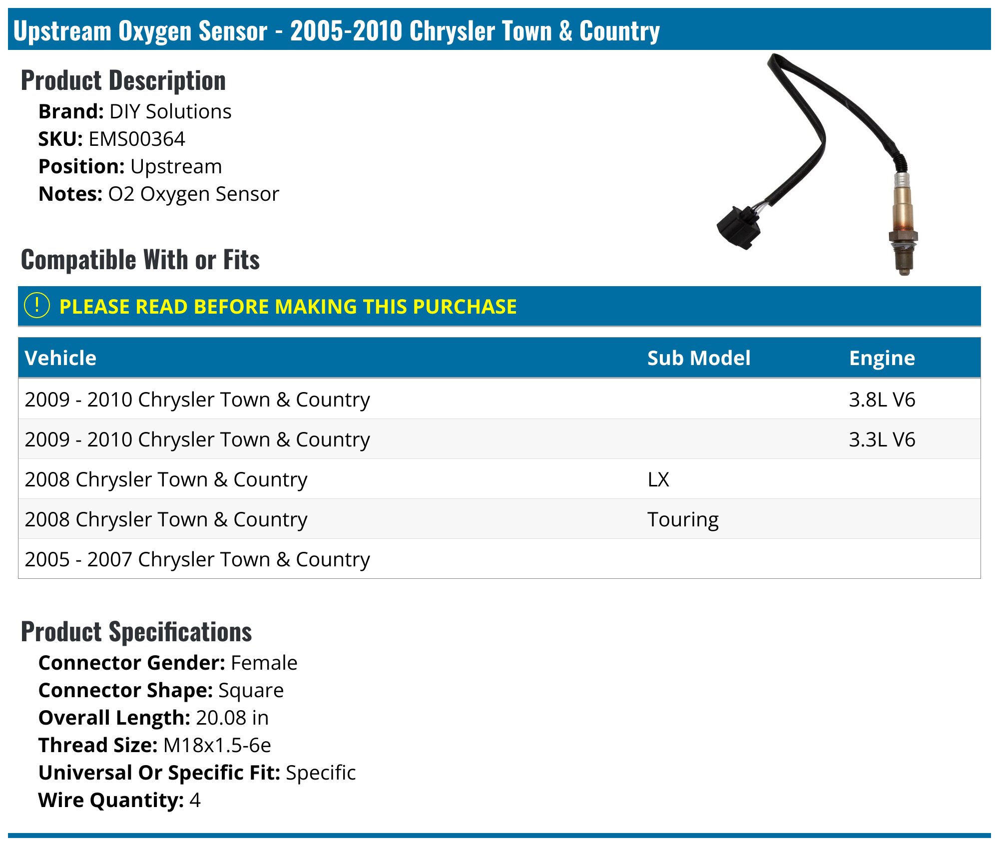 2005-2010 Chrysler Town & Country Oxygen Sensor - DIY Solutions ...
