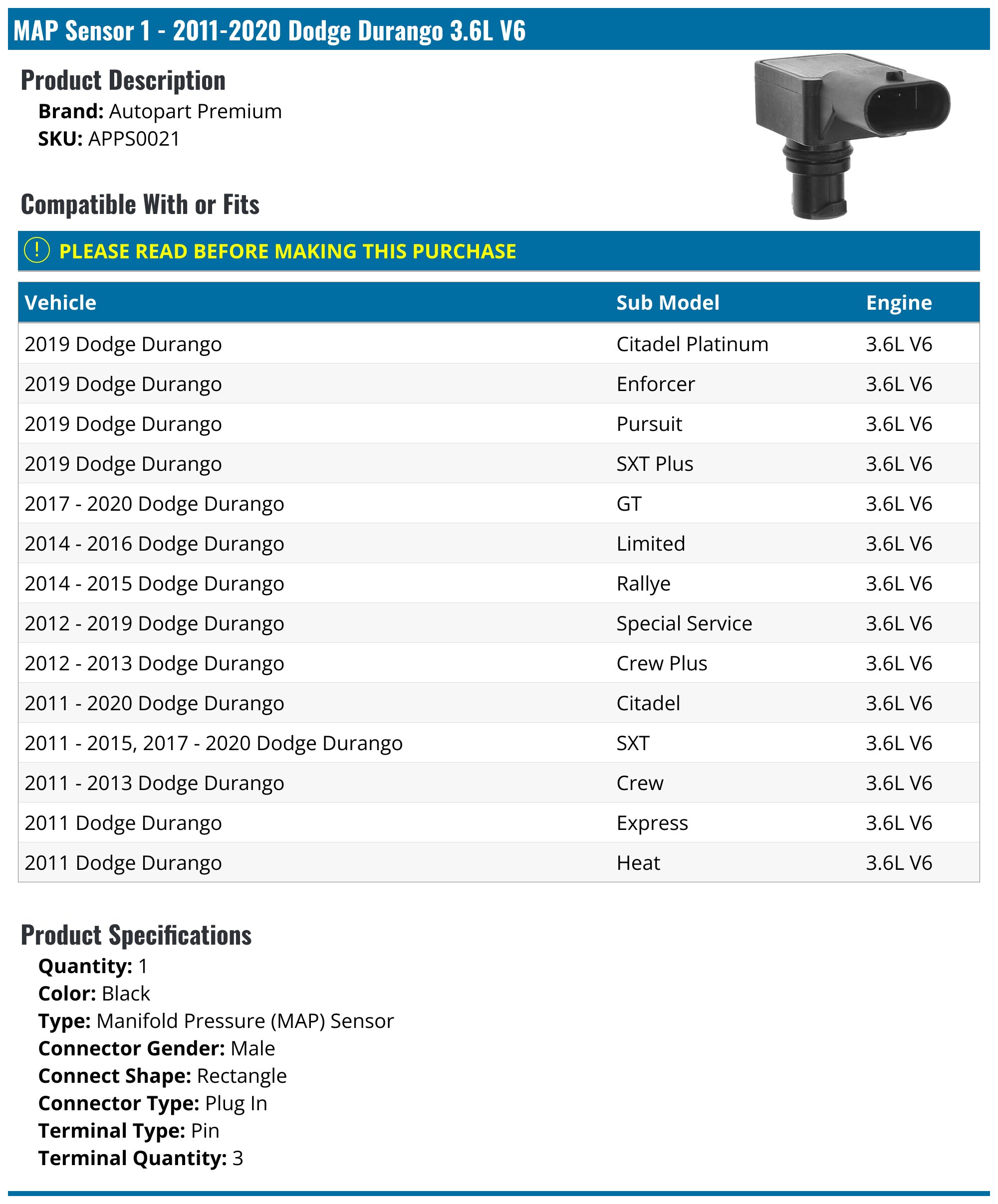 2011-2020 Dodge Durango MAP Sensor - Autopart Premium APPS0021 ...