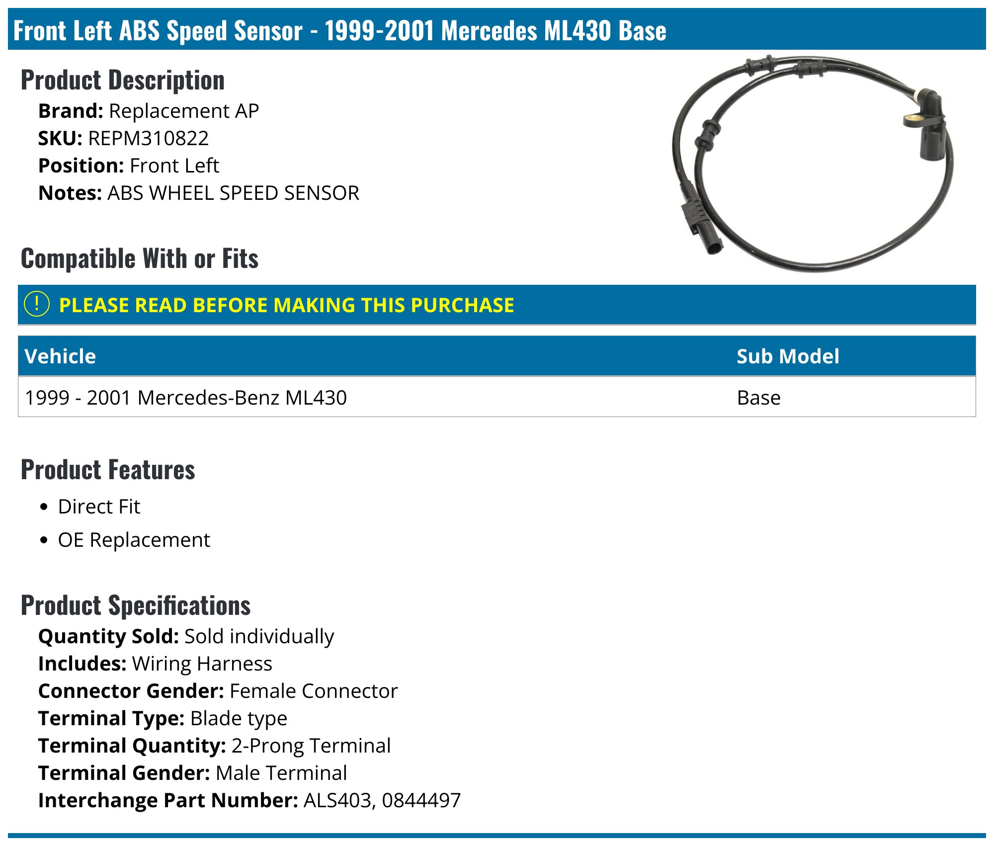 1999-2001 Mercedes ML430 ABS Speed Sensor - Replacement AP REPM310822 ...