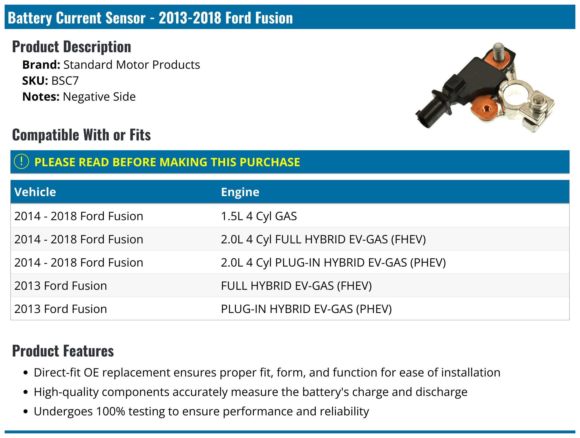 2013-2018 Ford Fusion Battery Current Sensor - Standard Motor Products ...