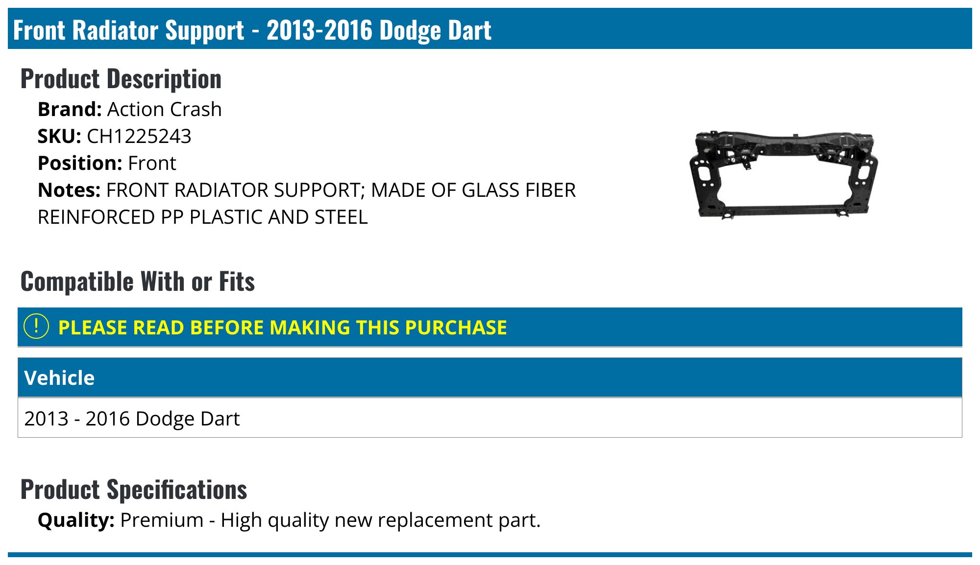 2013-2016 Dodge Dart Radiator Support - Action Crash CH1225243 - Front - PartsGeek.com