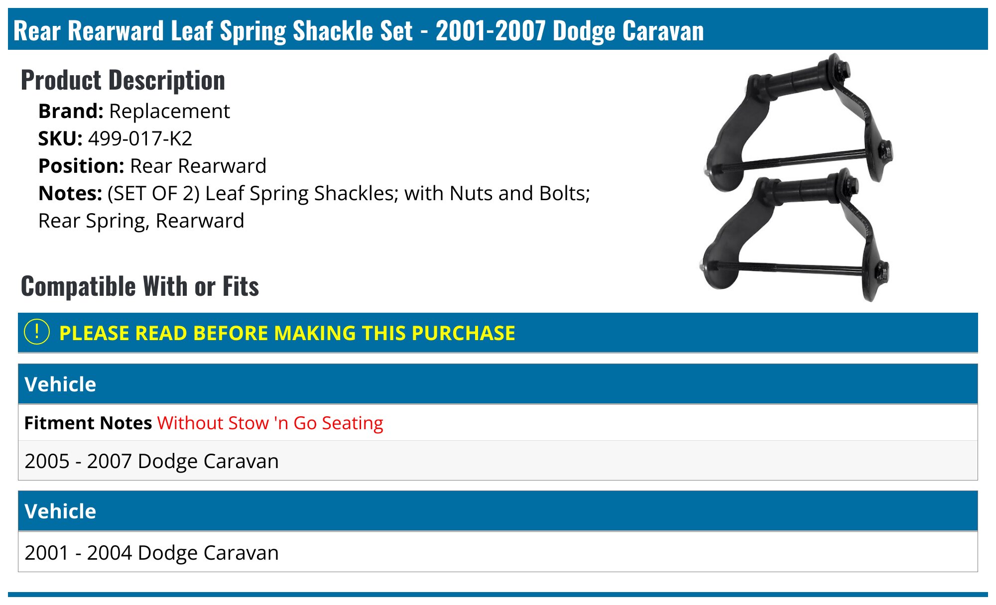 2001-2007 Dodge Caravan Leaf Spring Shackle - Replacement 499-017-K2 ...