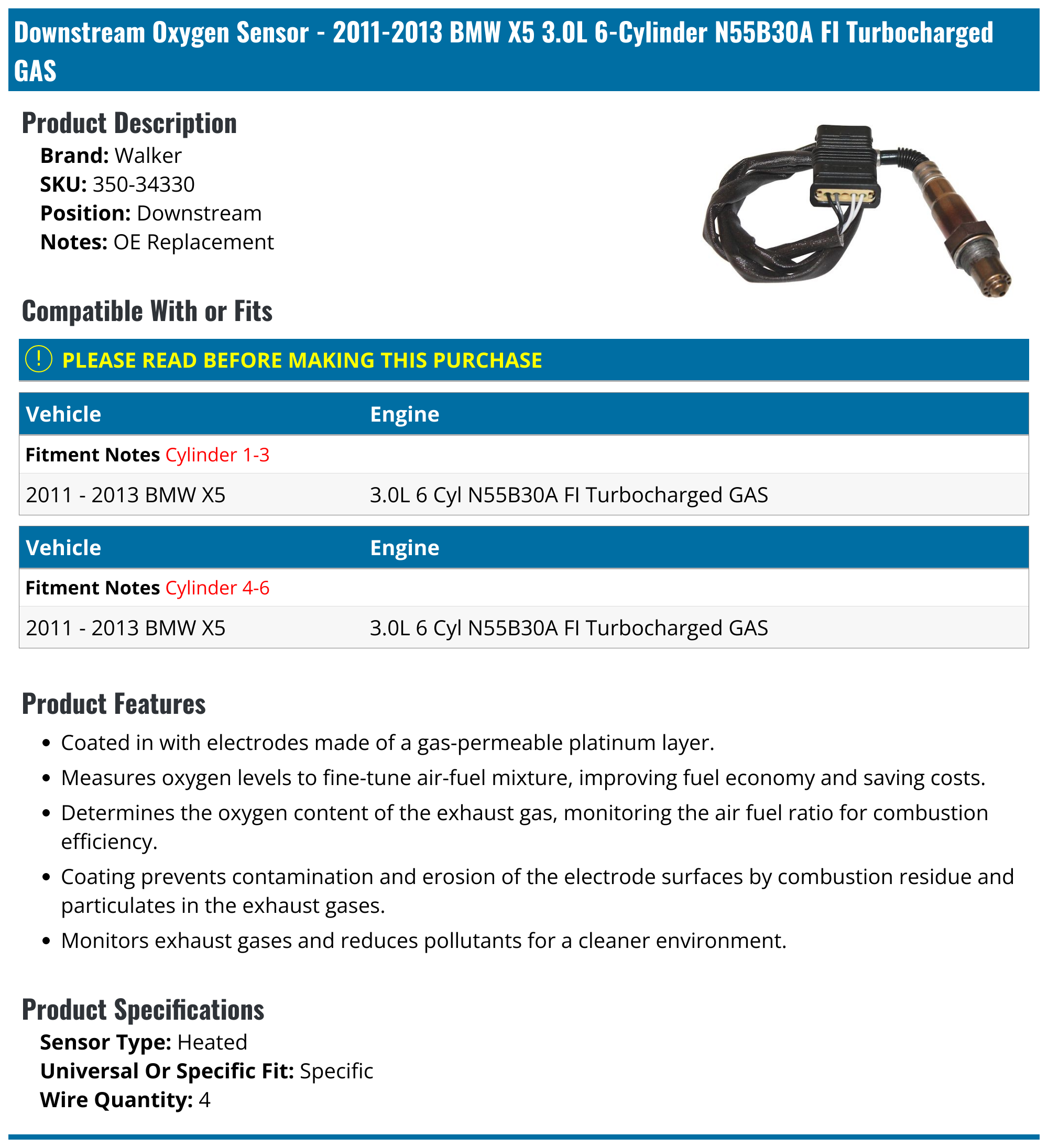 2011-2013 BMW X5 Oxygen Sensor - Walker 350-34330 - Downstream ...