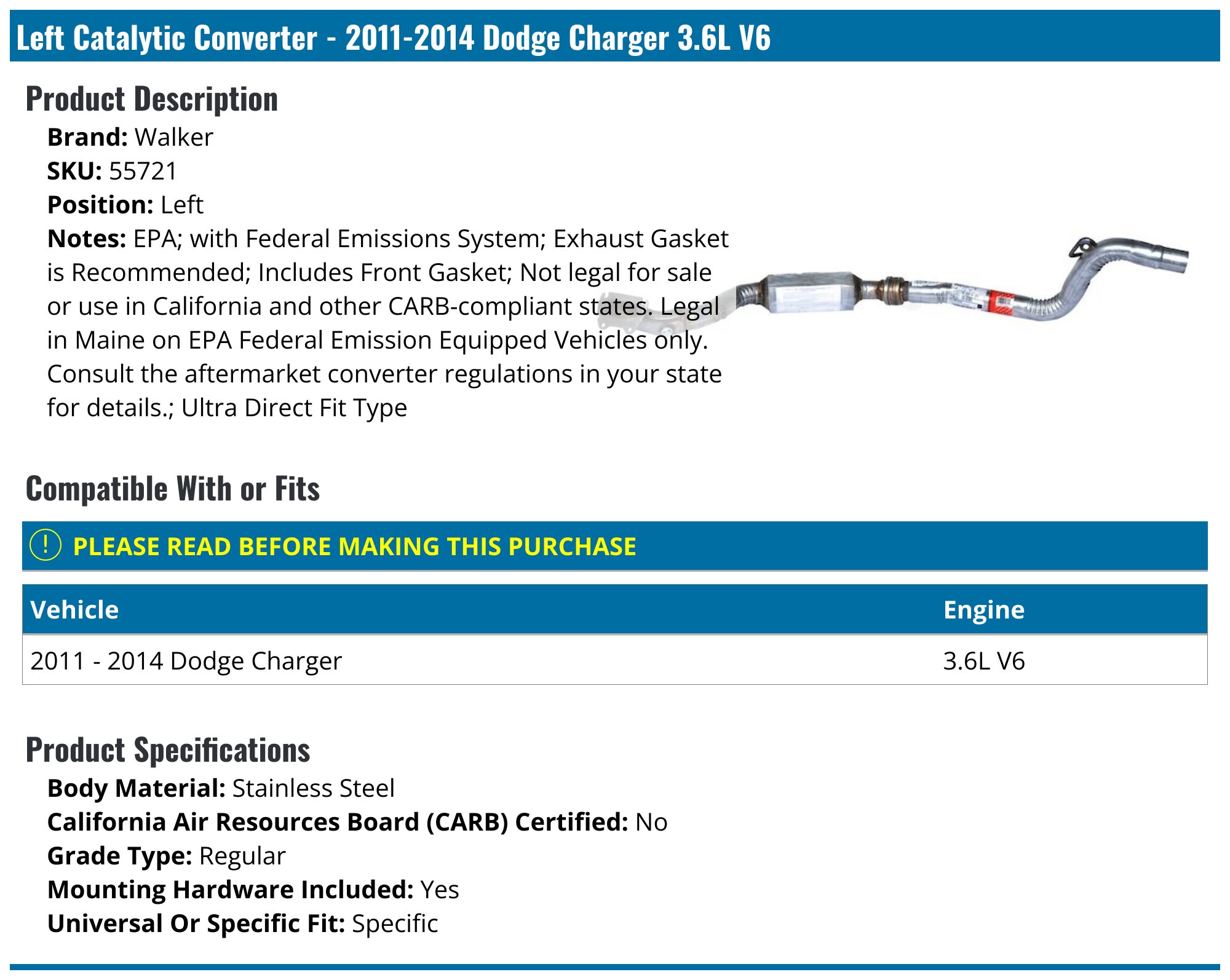 2011-2014 Dodge Charger Catalytic Converter - Walker 55721 - Left ...