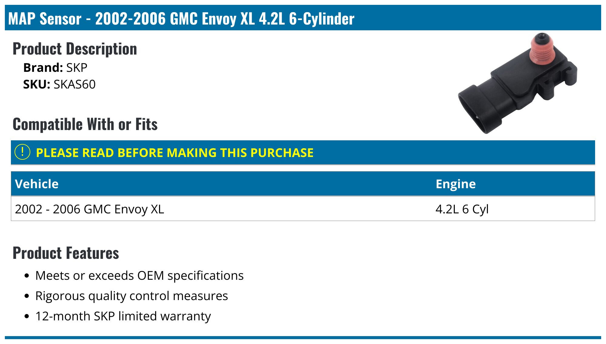 2002-2006 GMC Envoy XL MAP Sensor - SKP SKAS60 - PartsGeek.com