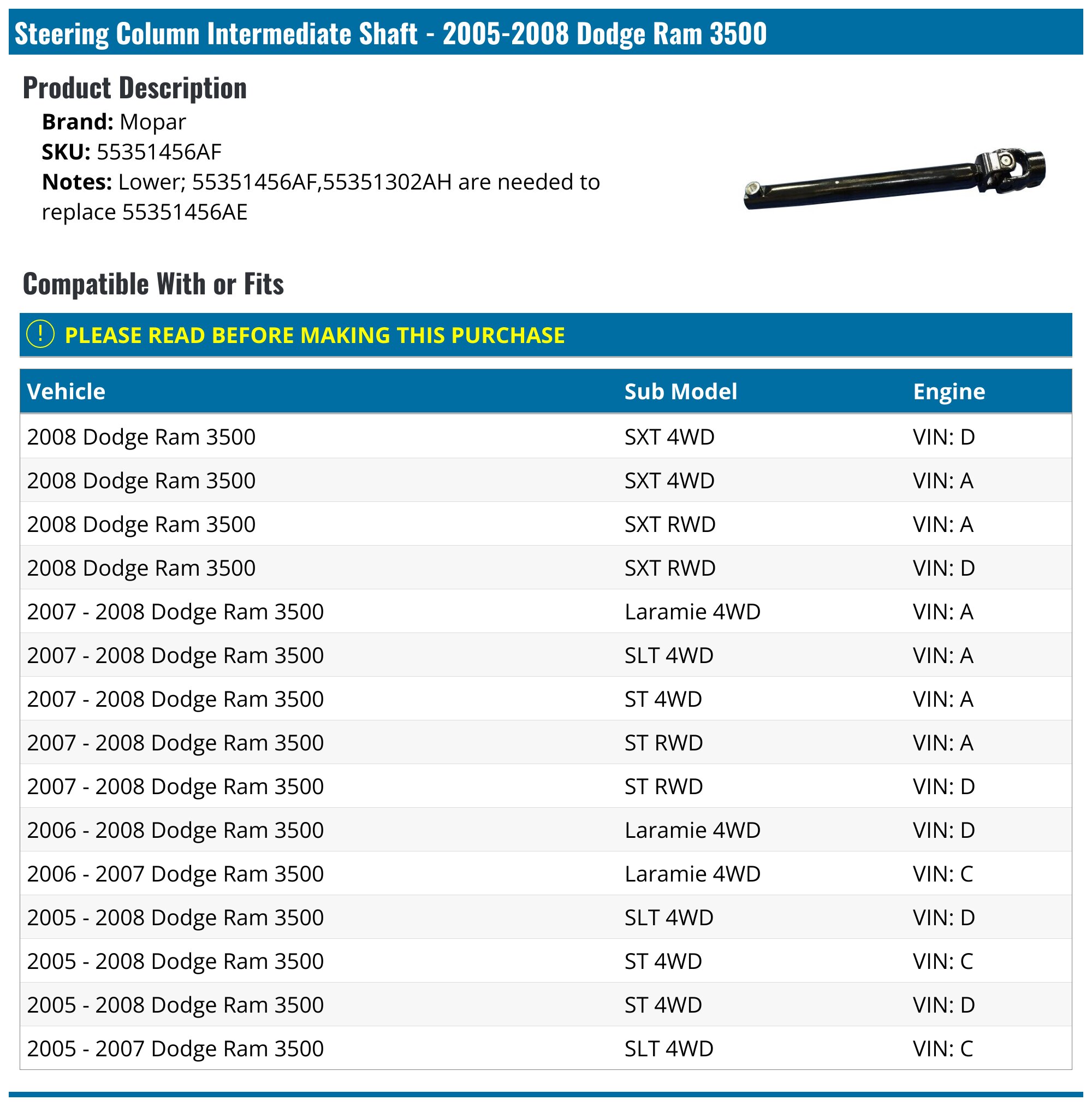 2005-2008 Dodge Ram 3500 Steering Shaft - Mopar 55351456AF - PartsGeek.com