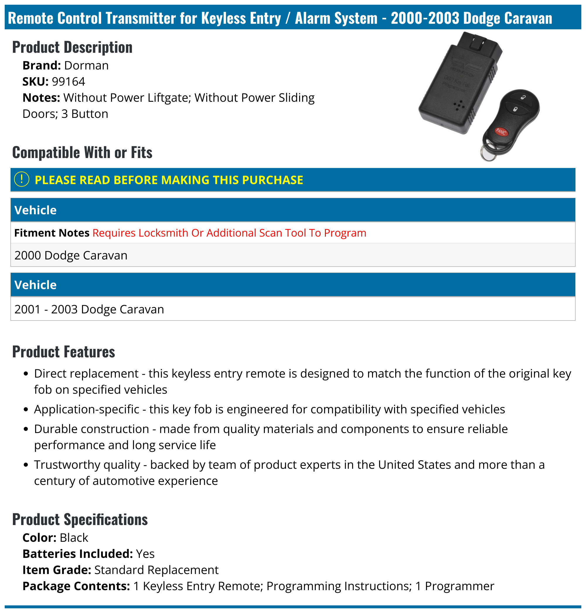 2000-2003 Dodge Caravan Remote Control Transmitter for Keyless Entry ...