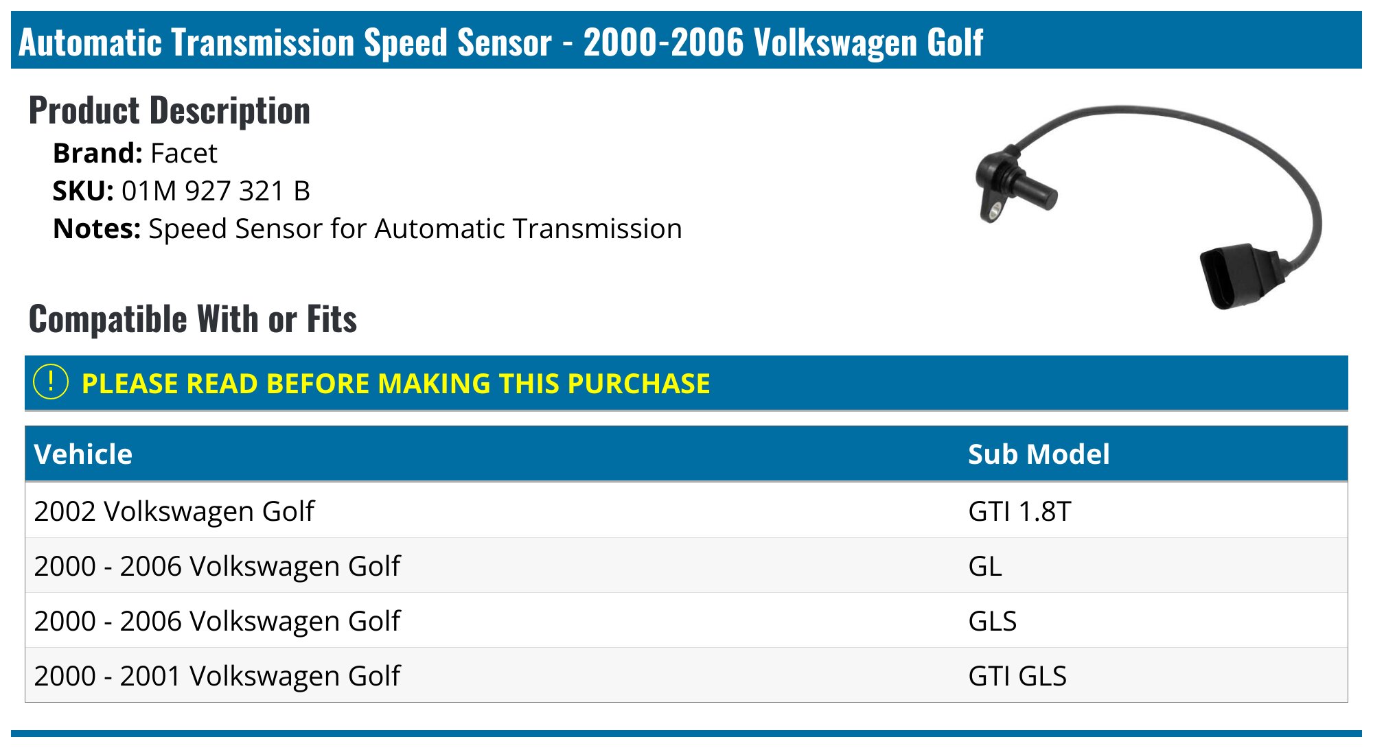 2000-2006 Volkswagen Golf Automatic Transmission Speed Sensor - Facet ...