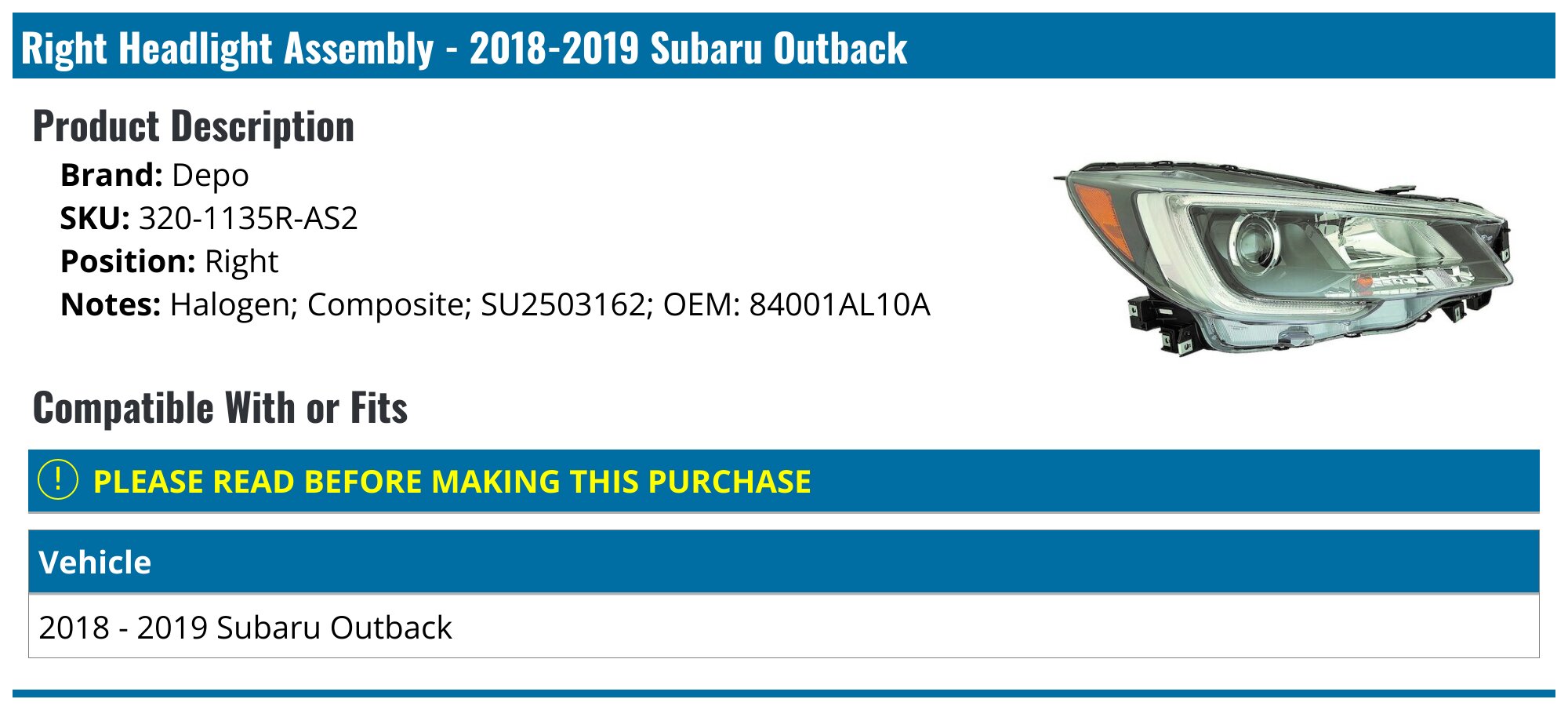 2018-2019 Subaru Outback Headlight Assembly - Depo 320-1135R-AS2 ...