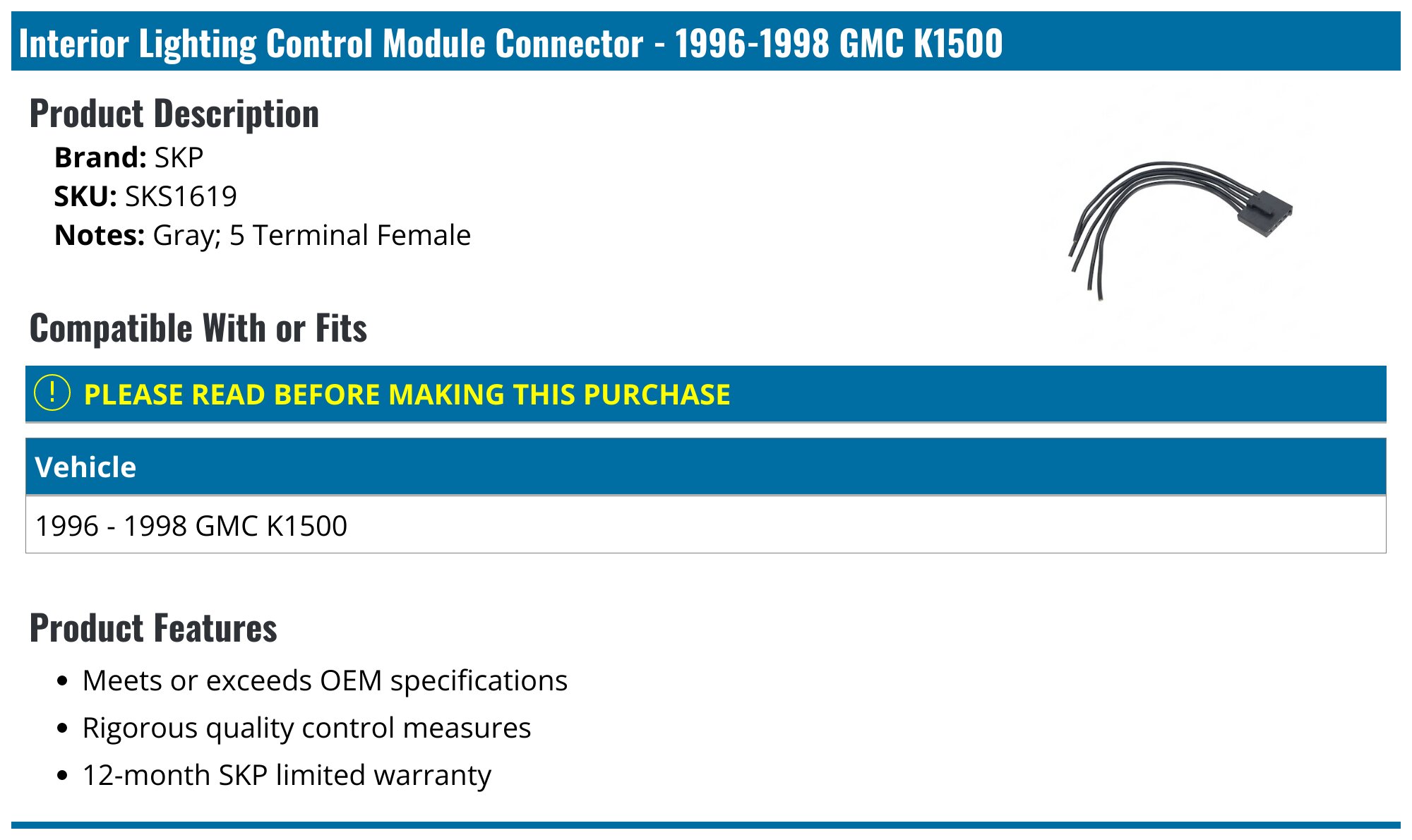 1996-1998 GMC K1500 Interior Lighting Control Module Connector - SKP ...