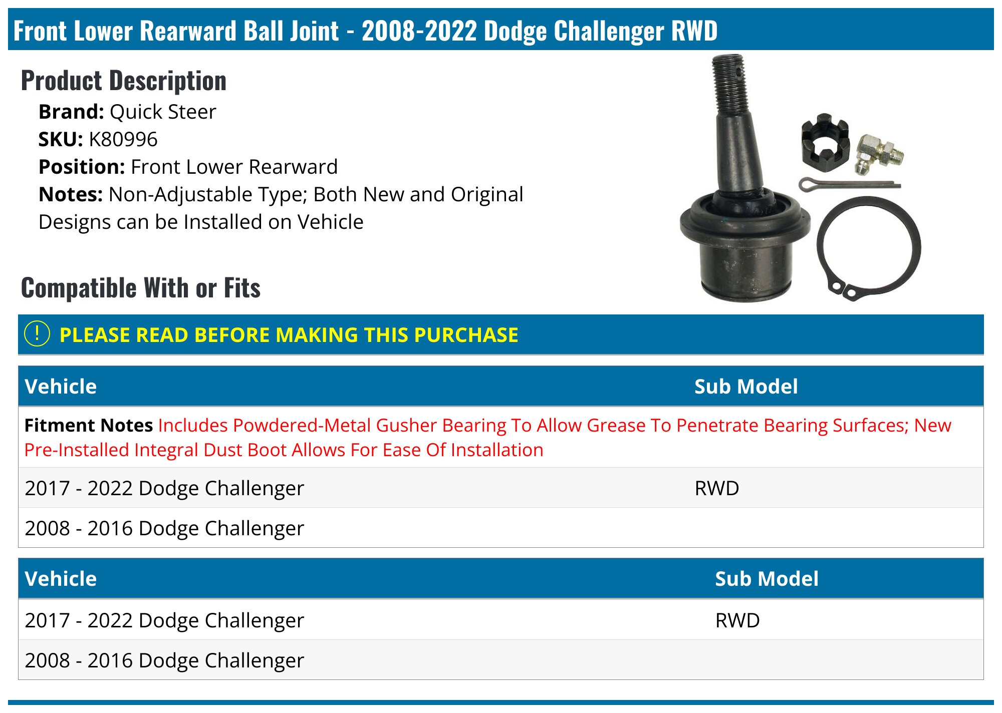 2008-2023 Dodge Challenger Ball Joint - Quick Steer K80996 - Front ...