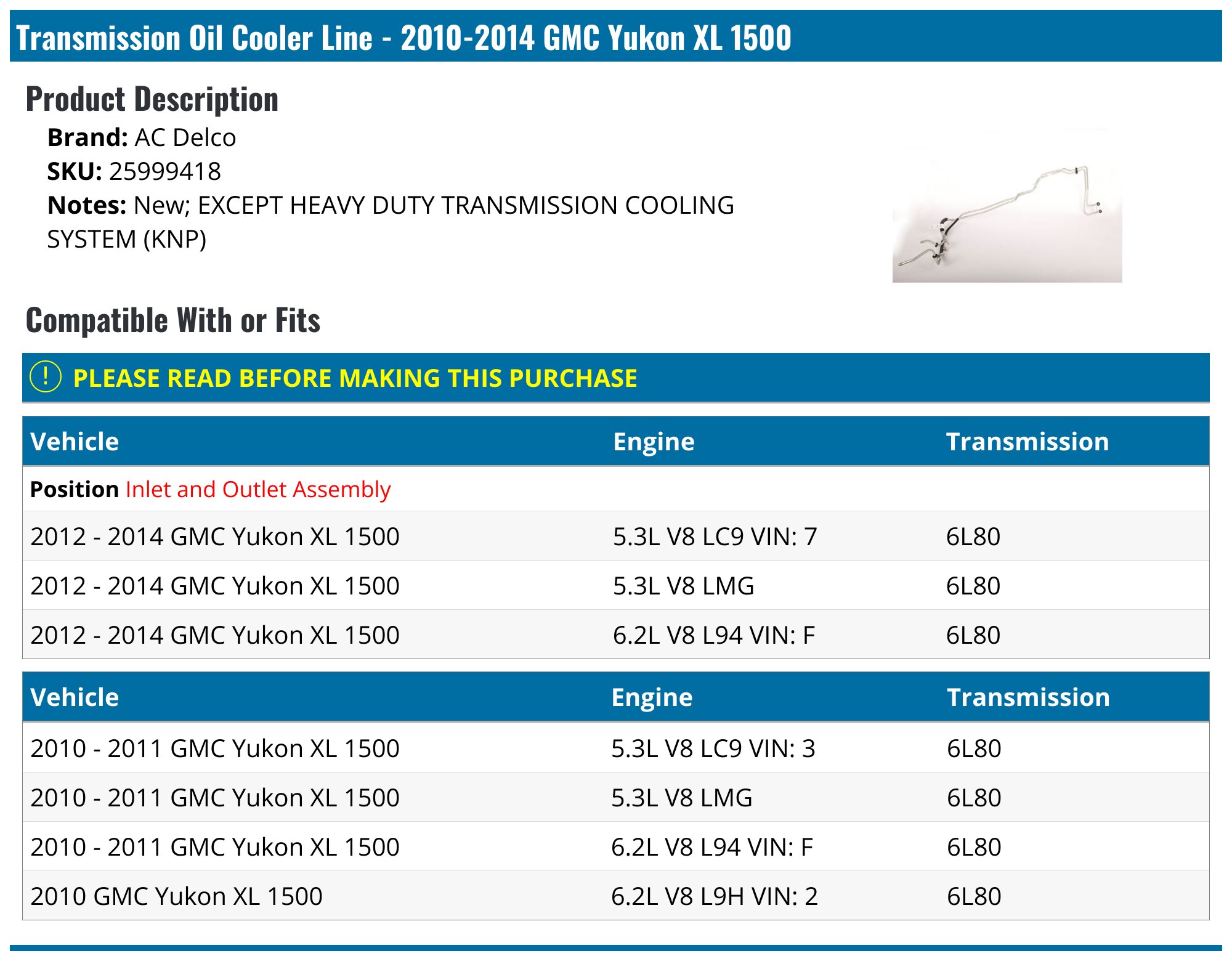 2009-2014 GMC Yukon XL 1500 Transmission Oil Cooler Line - AC Delco ...