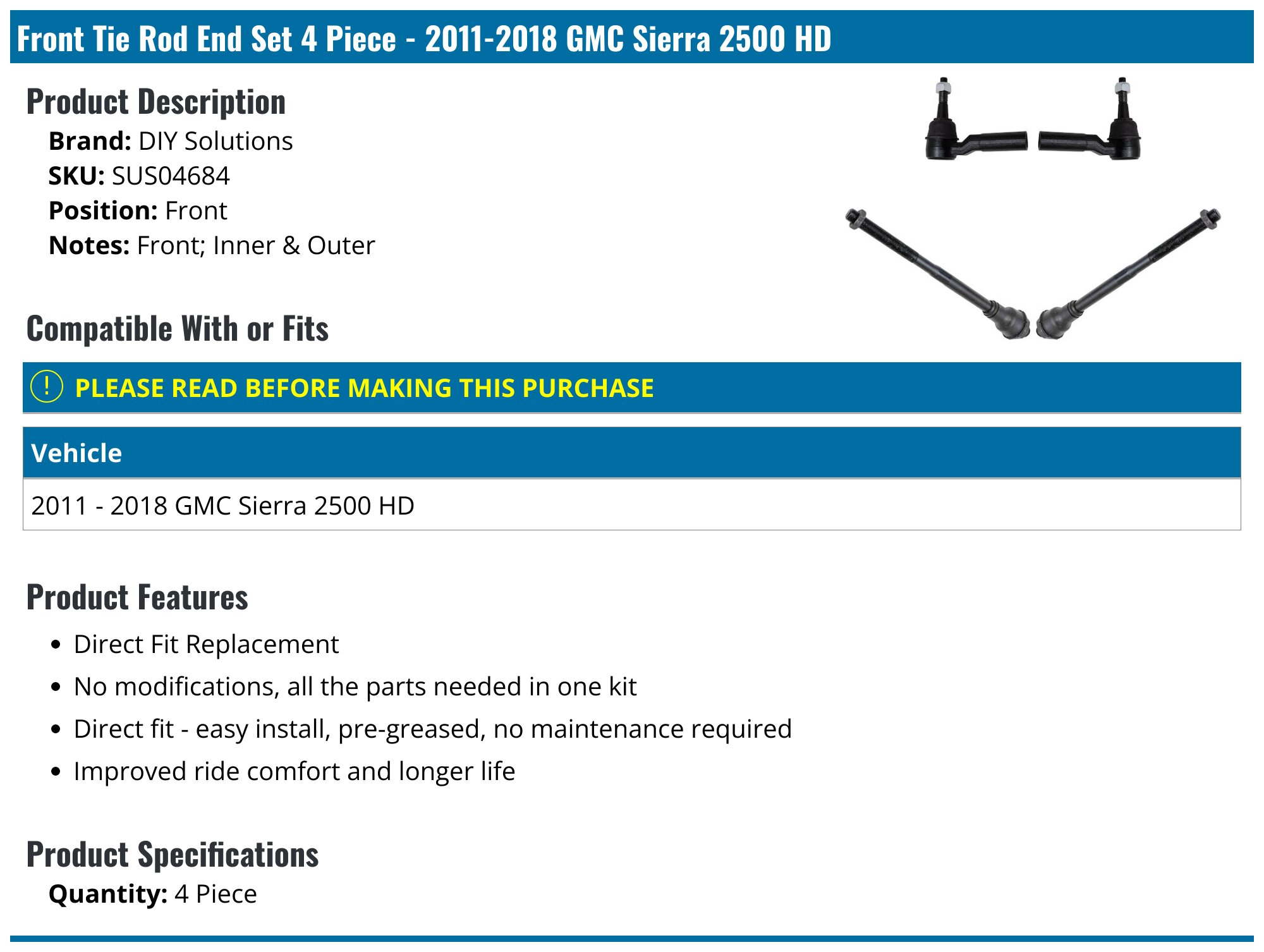 2011-2018 GMC Sierra 2500 HD Tie Rod End - DIY Solutions SUS04684 ...