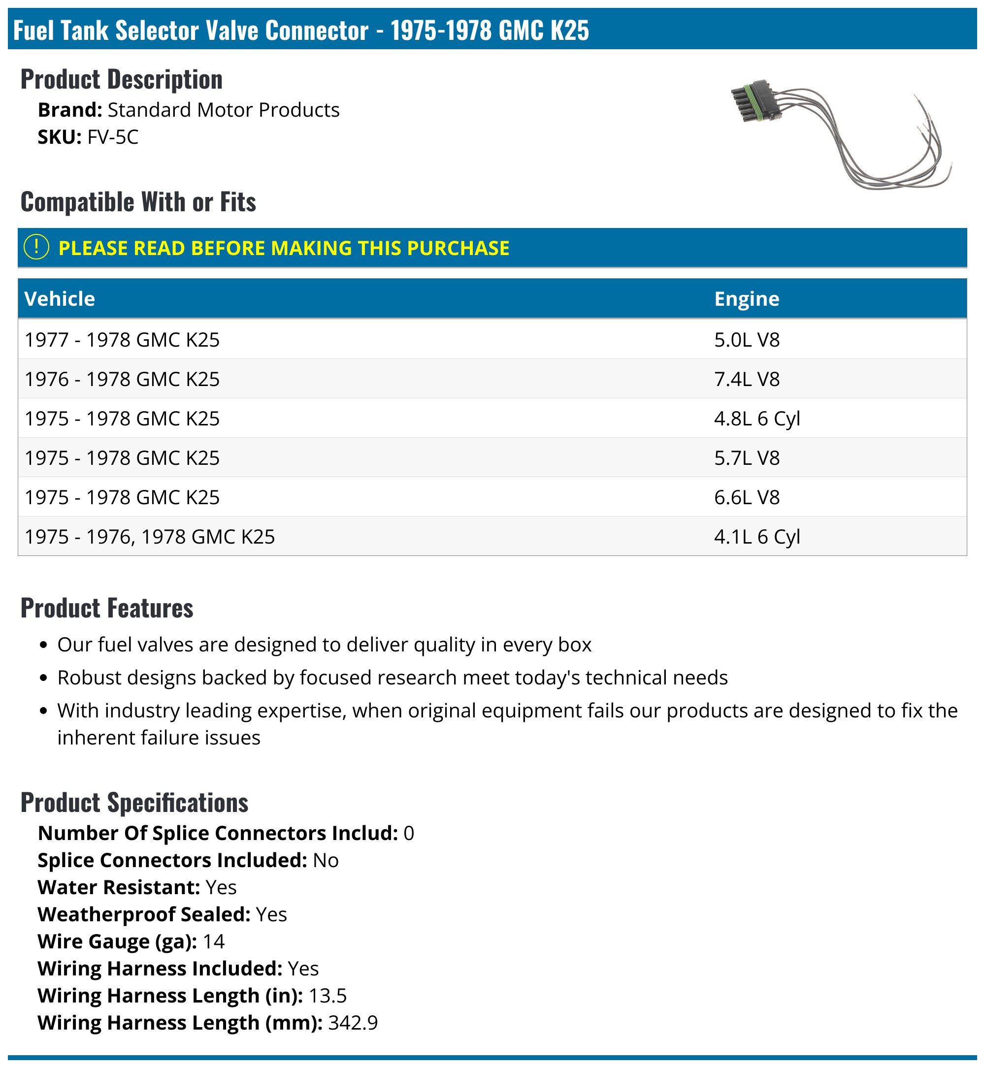 1975-1978 GMC K25 Fuel Tank Selector Valve Connector - Standard Motor ...