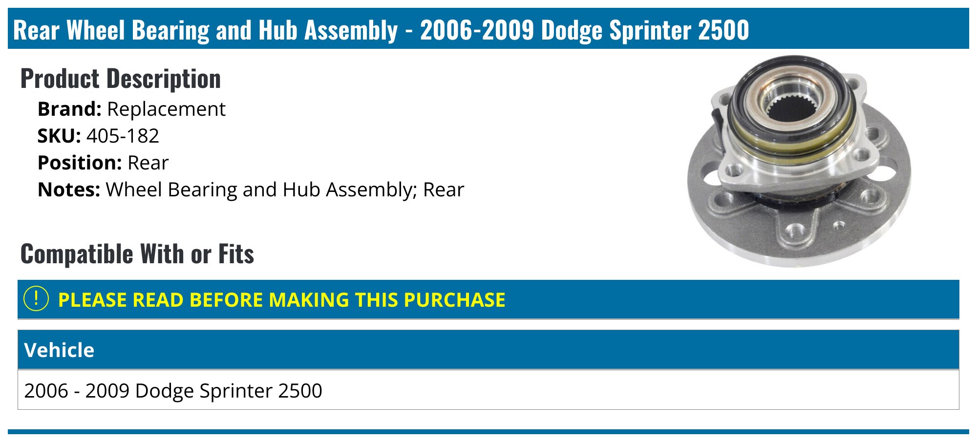 2006-2009 Dodge Sprinter 2500 Wheel Hub Assembly - Replacement 405-182 ...