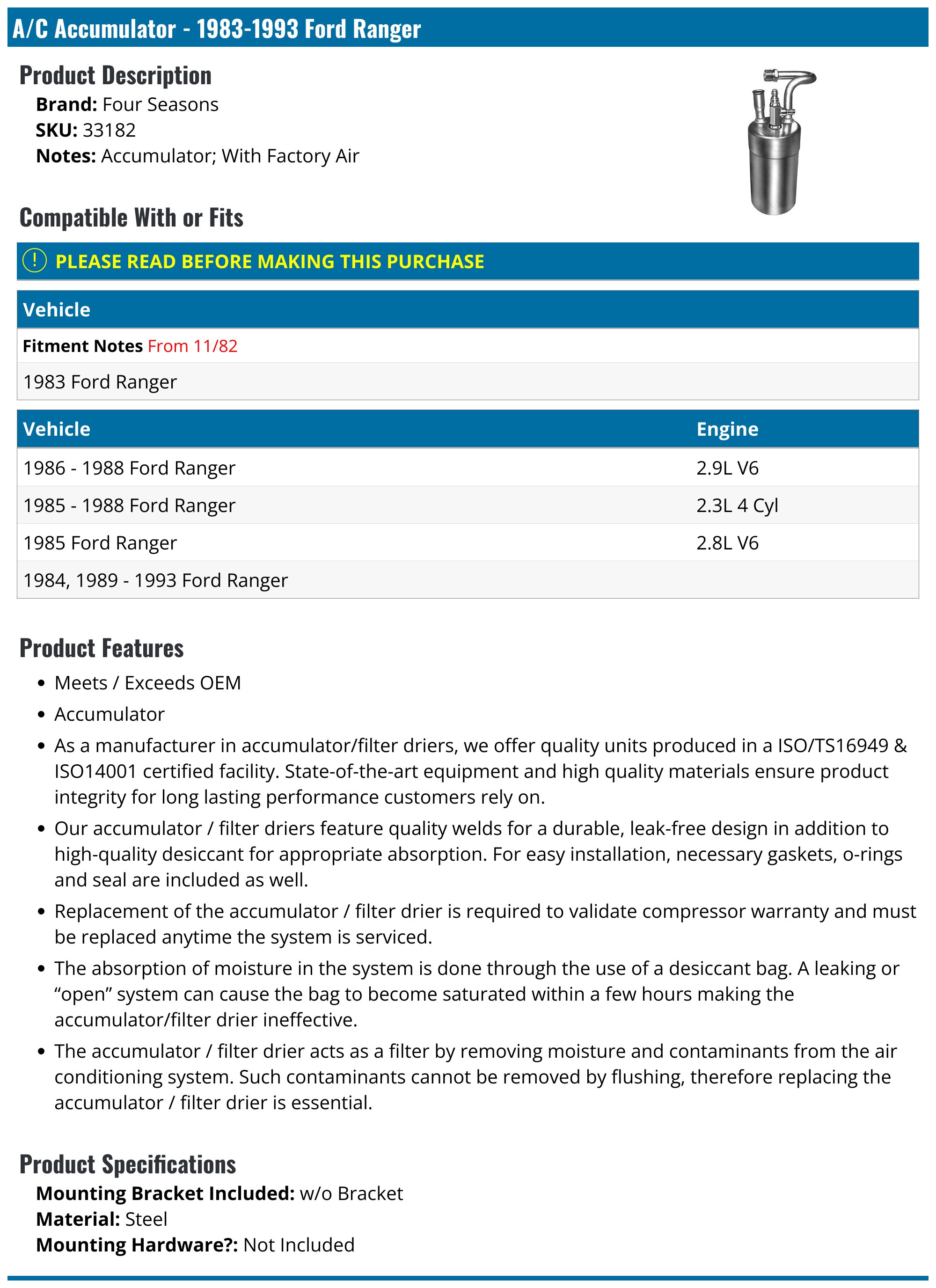 1983-1993 Ford Ranger A/C Accumulator - Four Seasons 33182 - PartsGeek.com