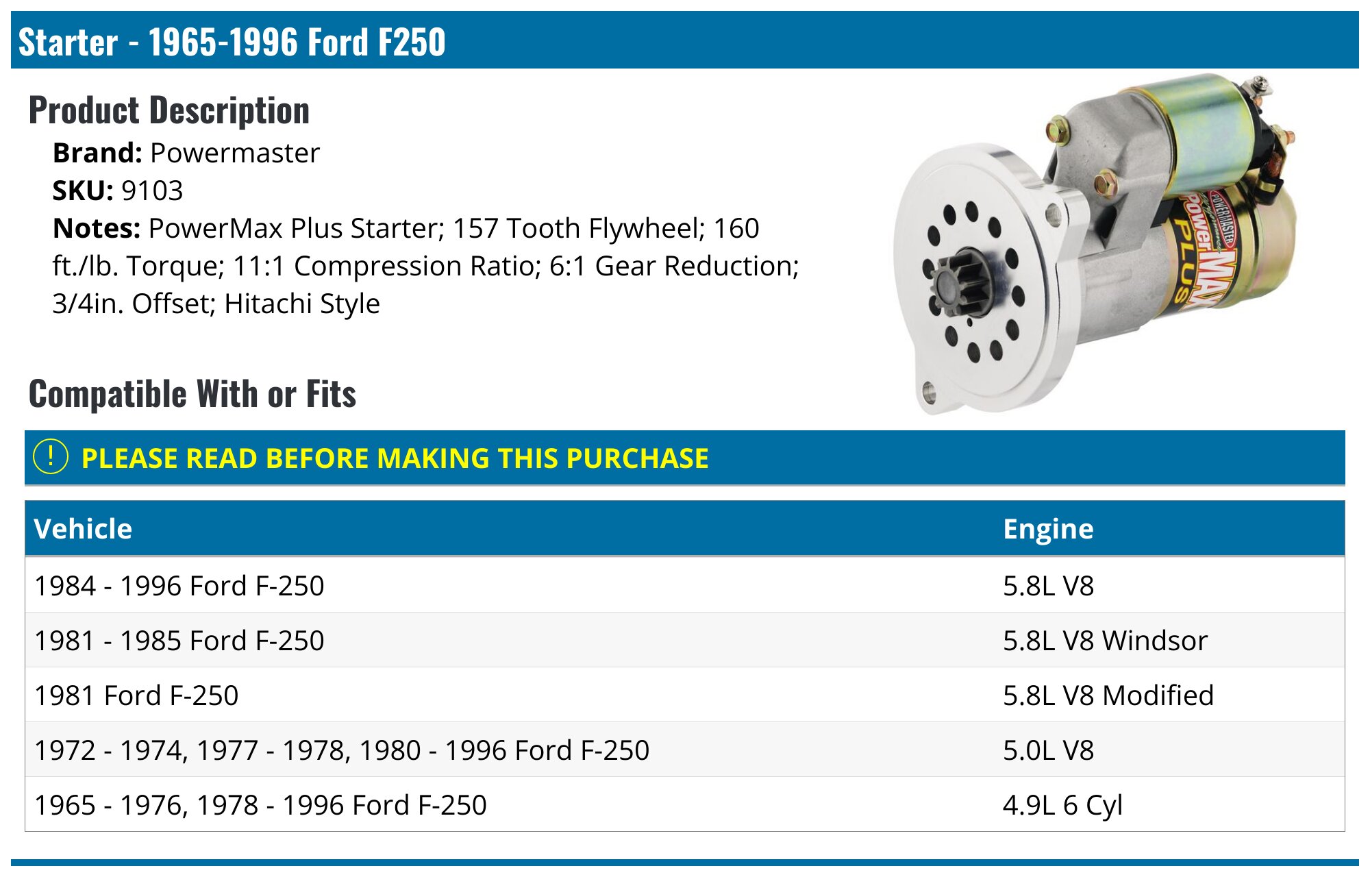 1965-1996 Ford F250 Starter - Powermaster 9103 - PartsGeek.com