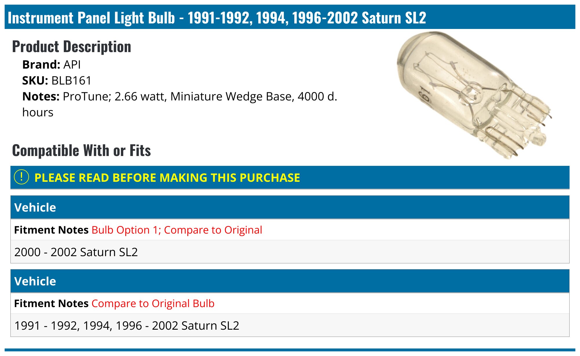 1991-1992, 1994, 1996-2002 Saturn SL2 Instrument Panel Light Bulb - API ...