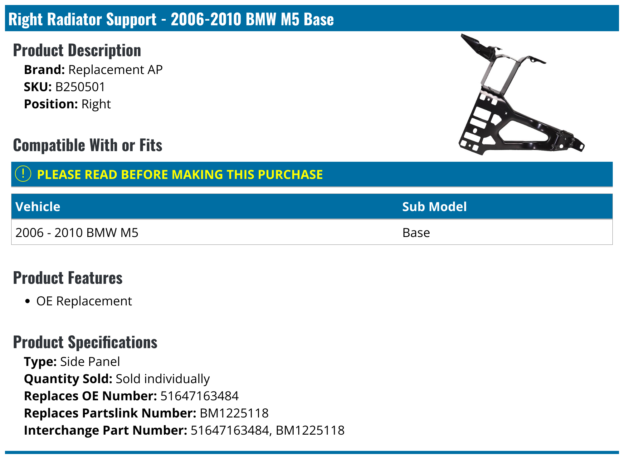 2006-2010 BMW M5 Radiator Support - Replacement AP B250501 - Right ...