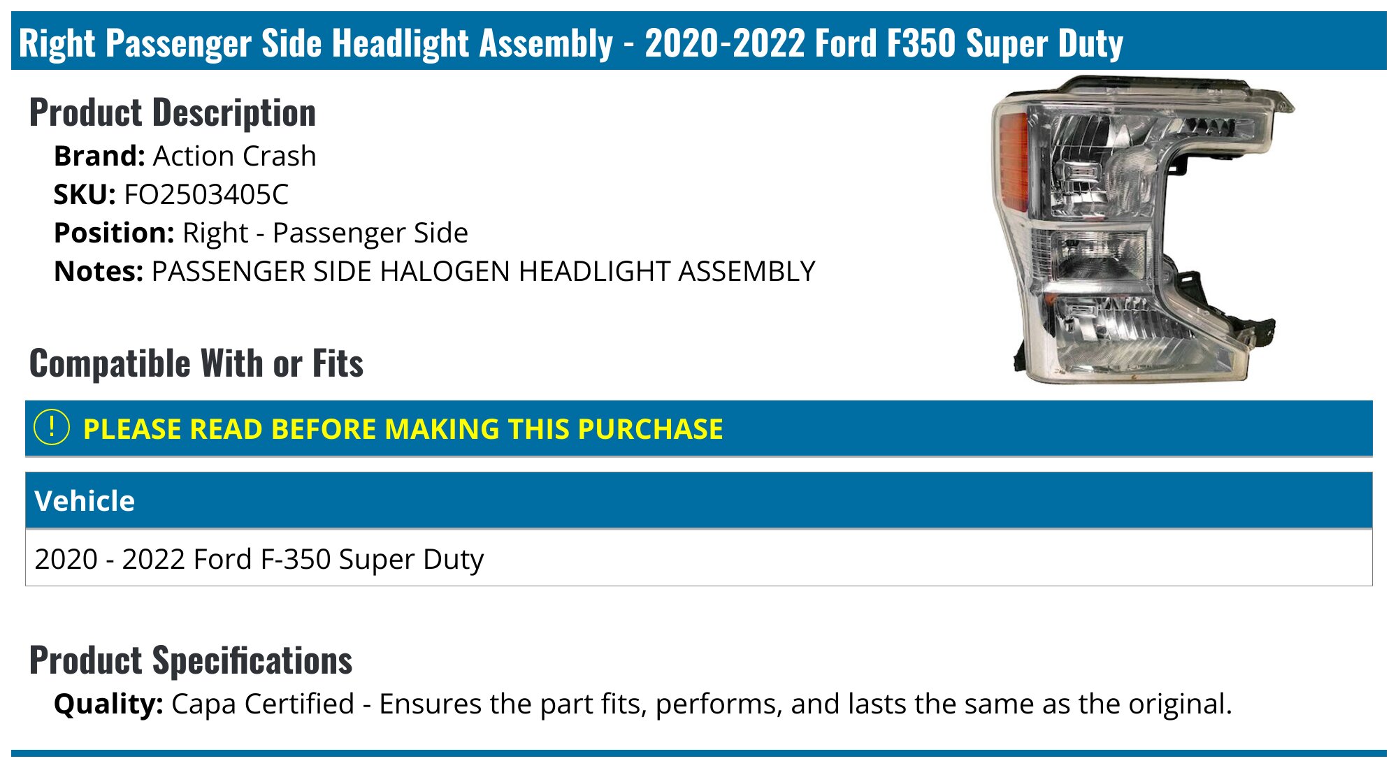 2022 Ford F350 Supderduty Passanger Headlight