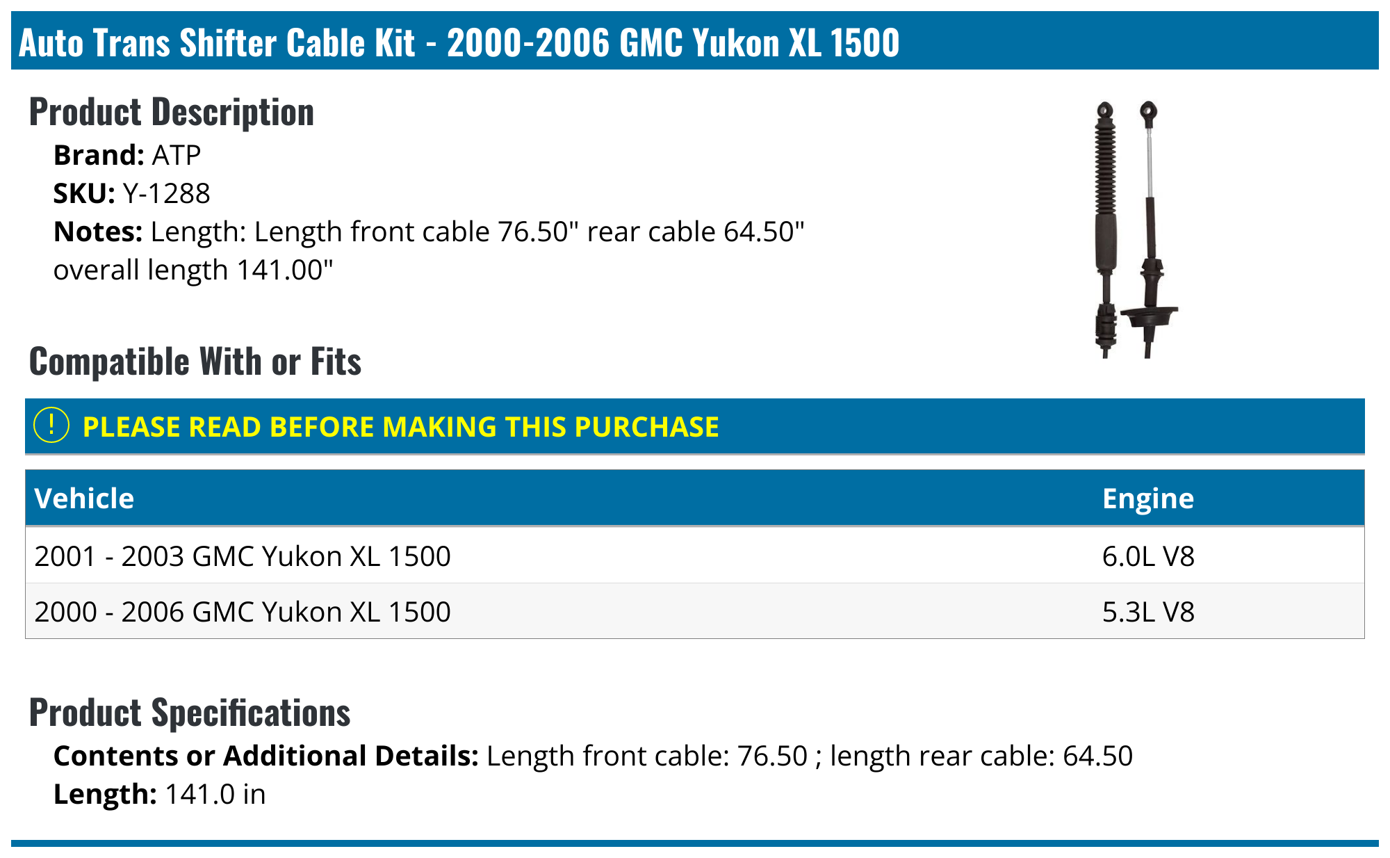2000-2006 GMC Yukon XL 1500 Auto Trans Shifter Cable Kit - ATP Y-1288 ...