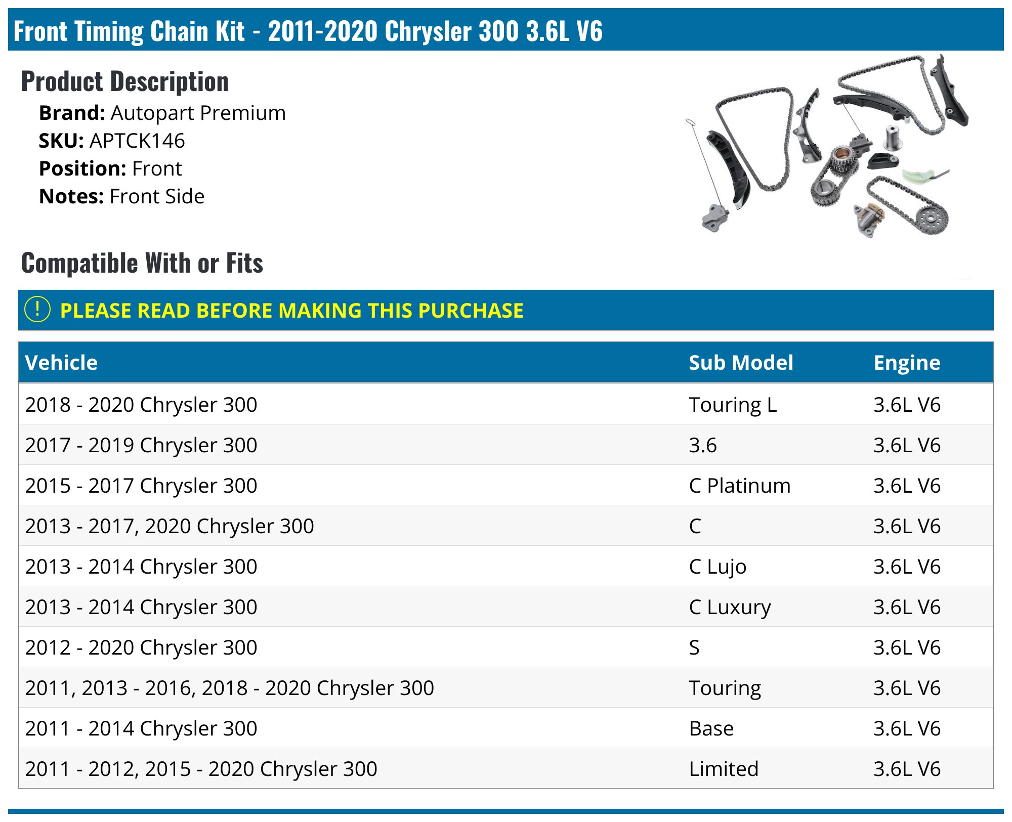 2011-2020 Chrysler 300 Timing Chain - Autopart Premium APTCK146 - Front ...