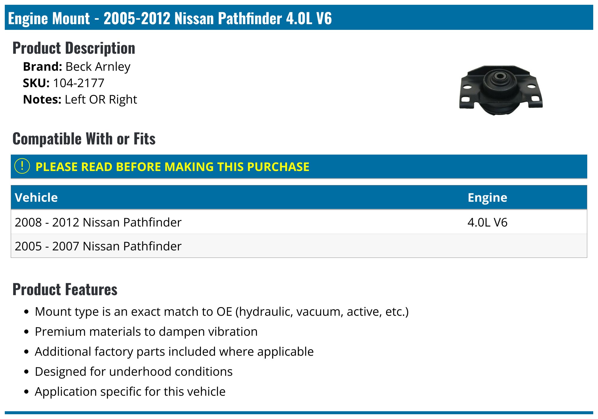 2005-2012 Nissan Pathfinder Engine Mount - Beck Arnley 104-2177 ...