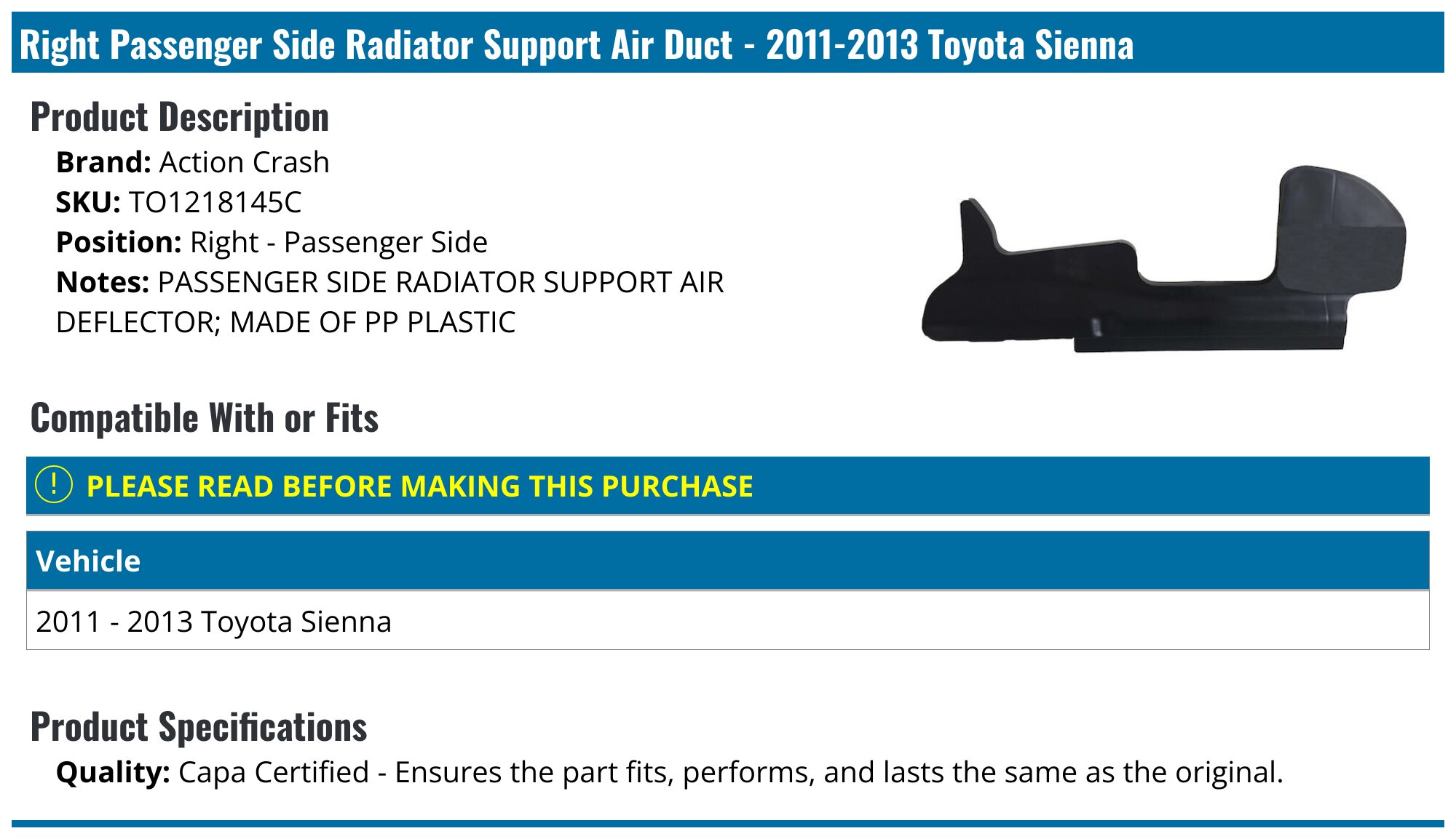 2011-2013 Toyota Sienna Radiator Support Air Duct - Action Crash ...